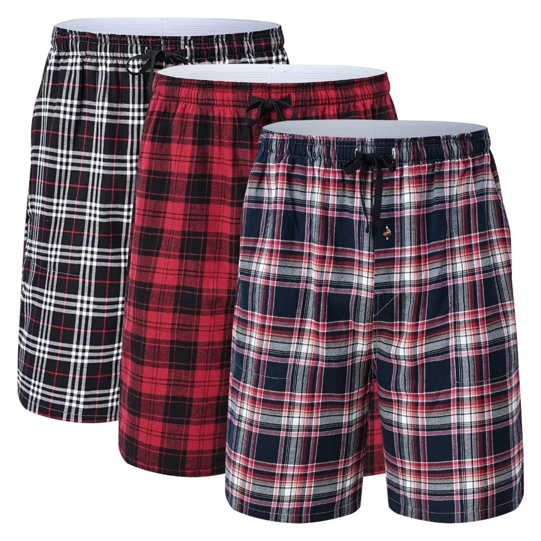 Taigaofy Men's 3-Piece Knitted Pajama Shorts, Cotton Checkered Pajama ...