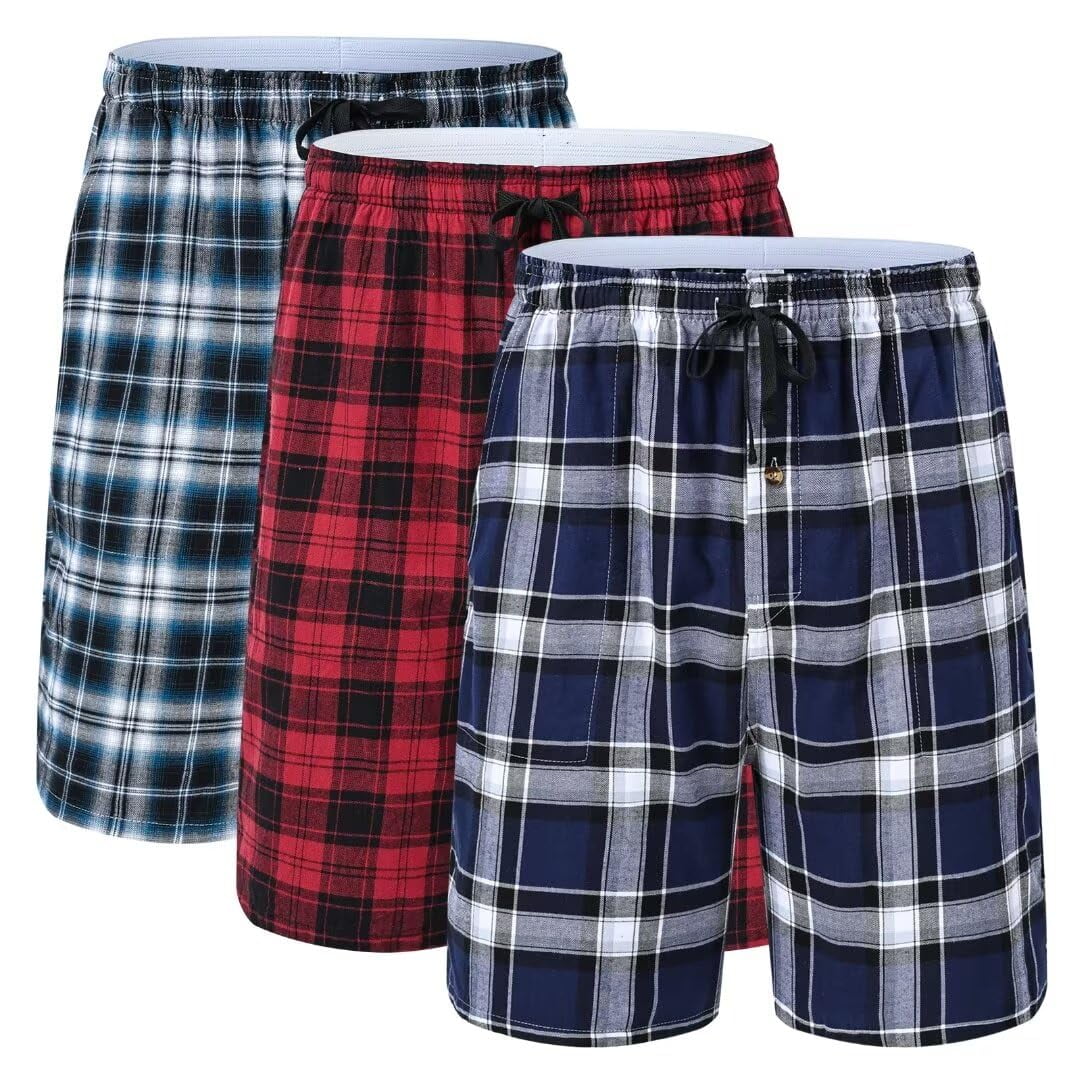 Taigaofy Men's 3-Piece Knitted Pajama Shorts, Cotton Checkered Pajama ...