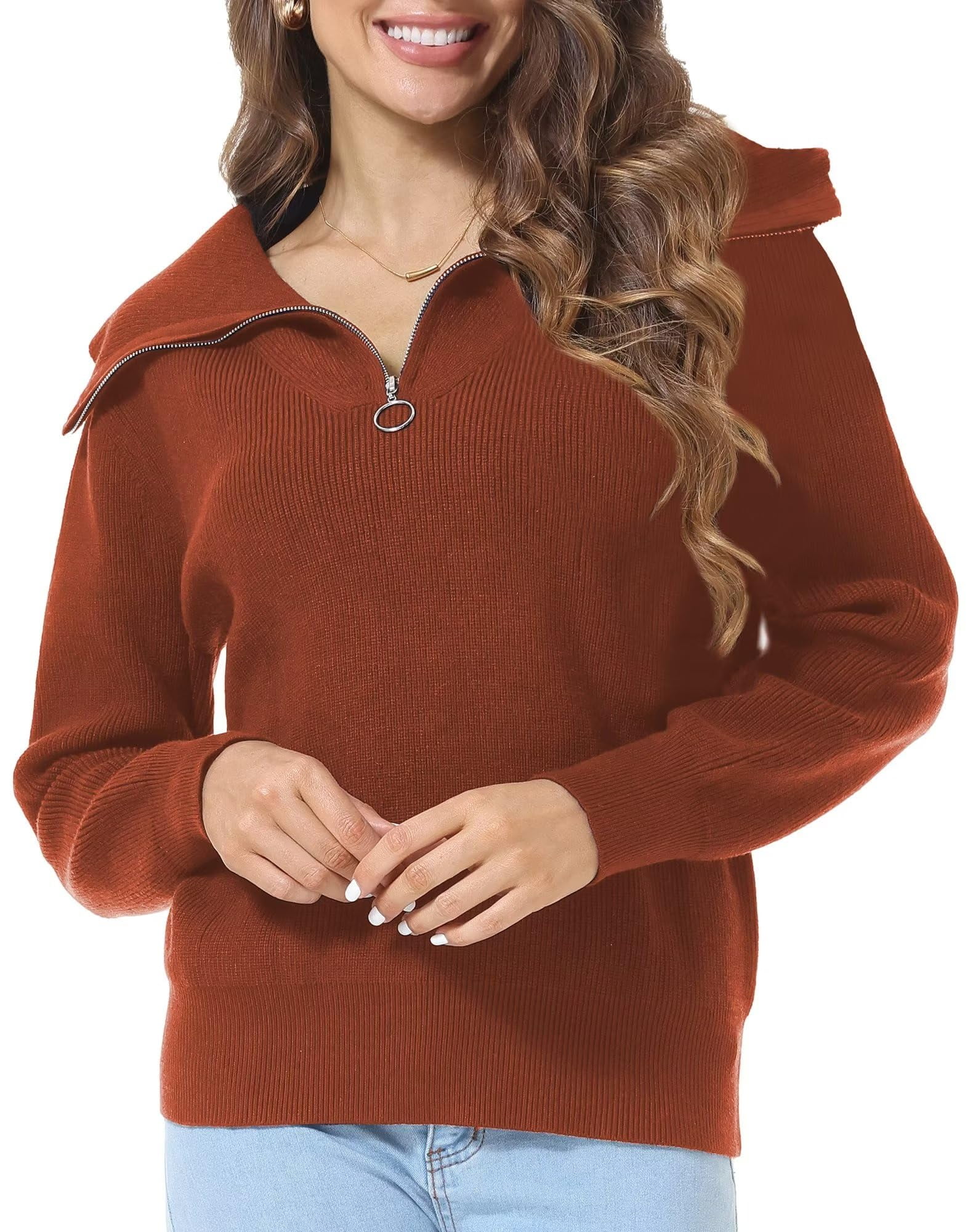 Taigaofy Women's Half Zip Sweaters Casual Long Sleeve V-Neck Collar ...