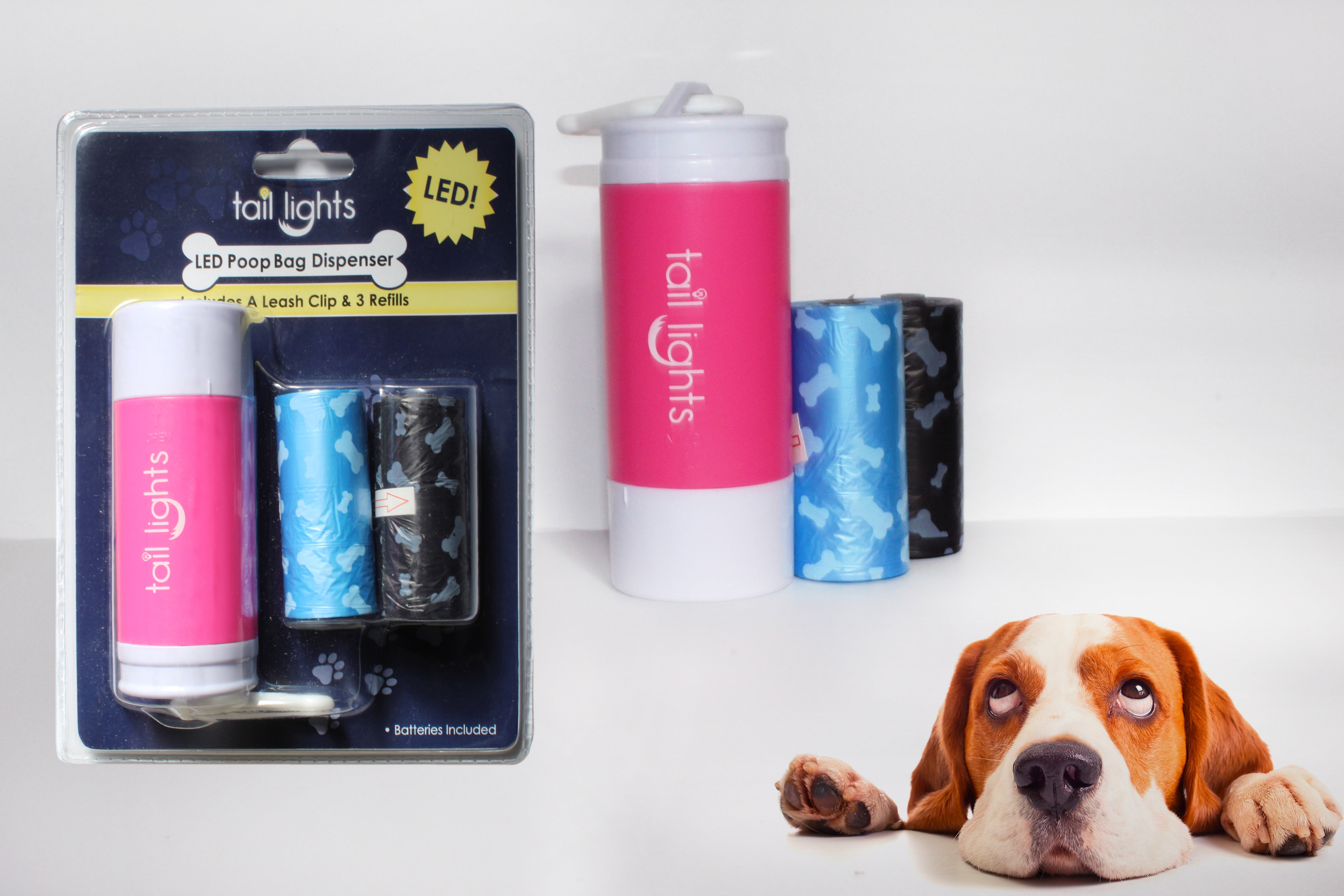 Tail Lights LED Poop Bag Dispenser with Leash Clip & 3 Refills (30 Bags ...