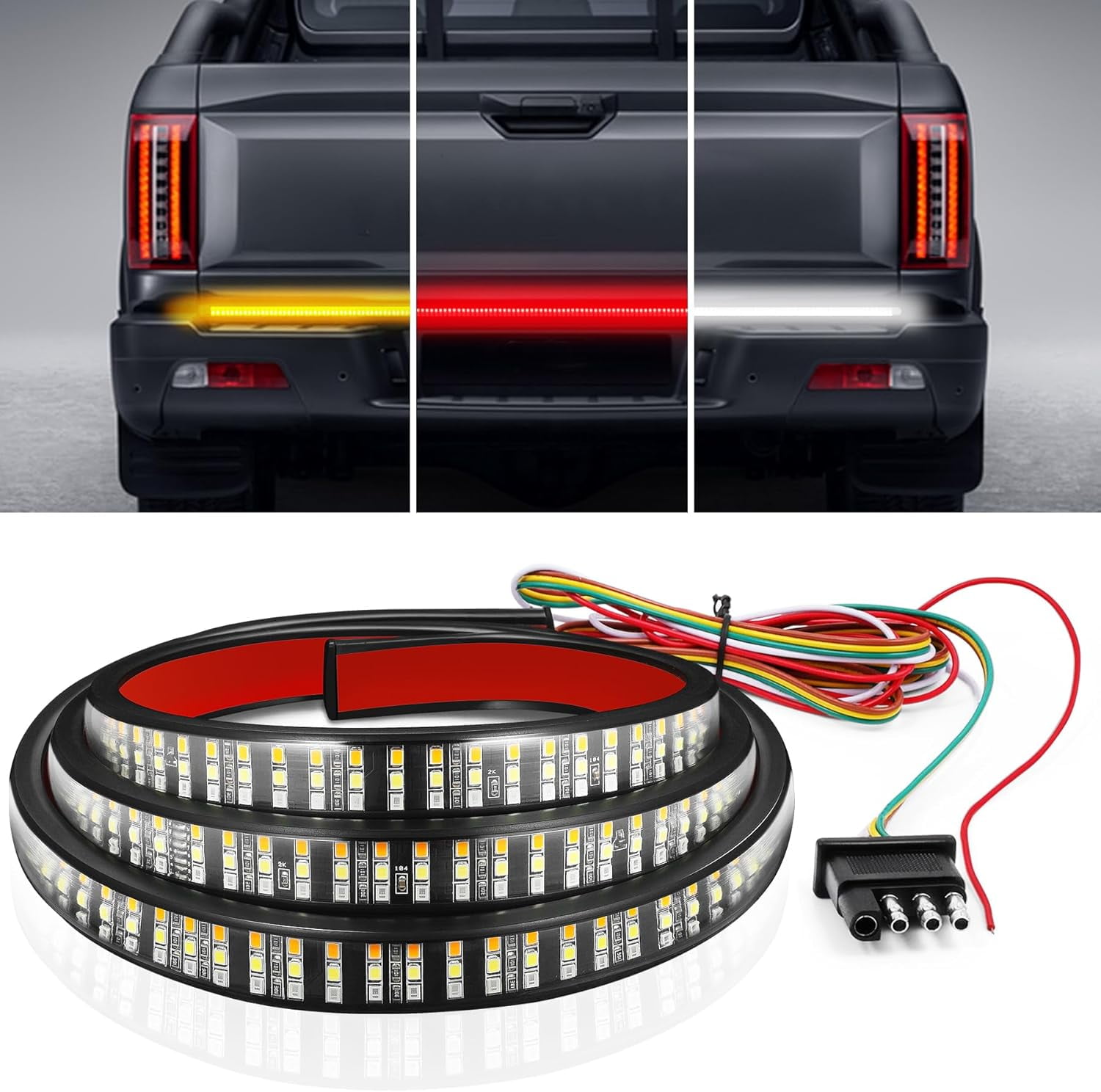 Tailgate Light Bar, 60" Triple Row Light Strip with Red /White Reverse ...