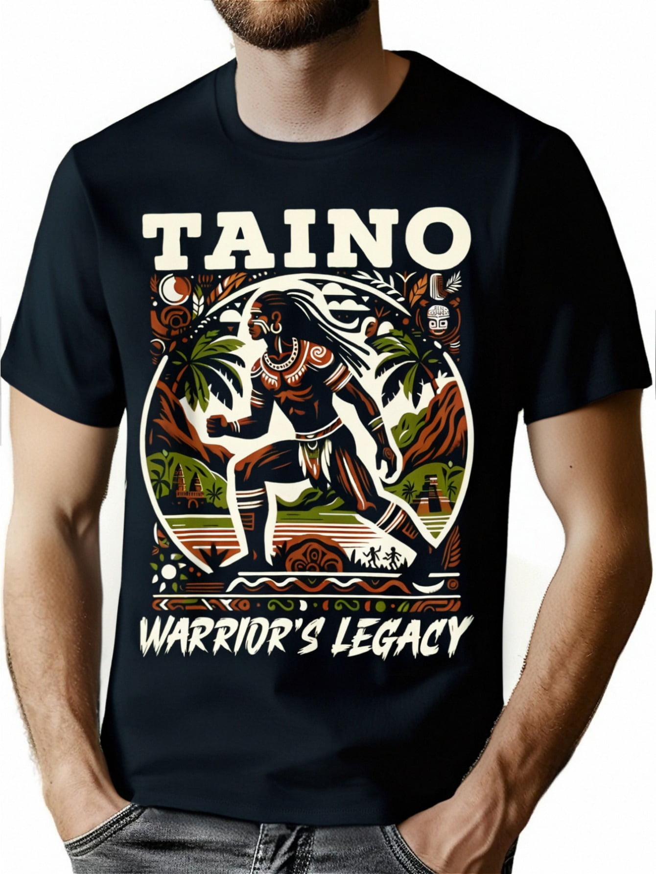 Taino Warrior Graphic Tee - 220g Cotton, Short Sleeve, Crew Neck - Puerto Rico & Caribbean ...