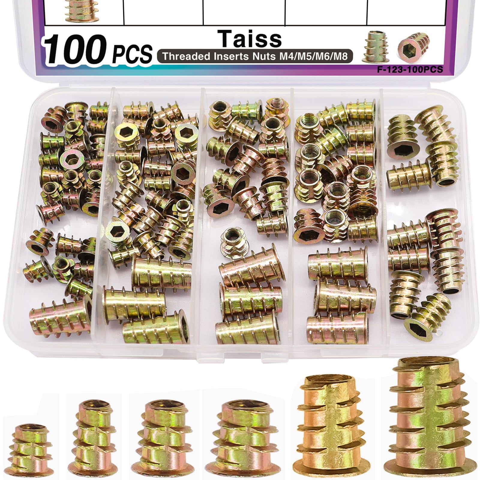 Taiss 100PCS Threaded Inserts Nuts,6 Sizes Wood Threaded Kit,Furniture ...