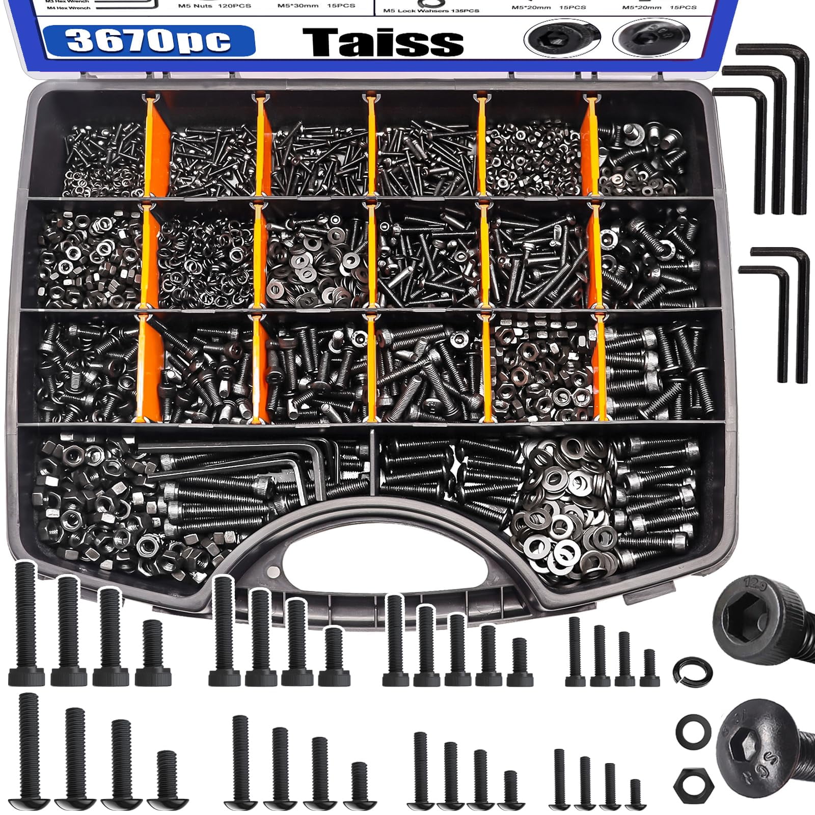 Taiss 3670PCS Metric Screw Assortment M2 M3 M4 M5 33 Sizes Button & Socket Head Screws,Hex Bolts ...