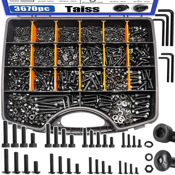 Taiss 3670PCS Metric Screw Assortment M2 M3 M4 M5 33 Sizes Button & Socket Head Screws,Hex Bolts ...