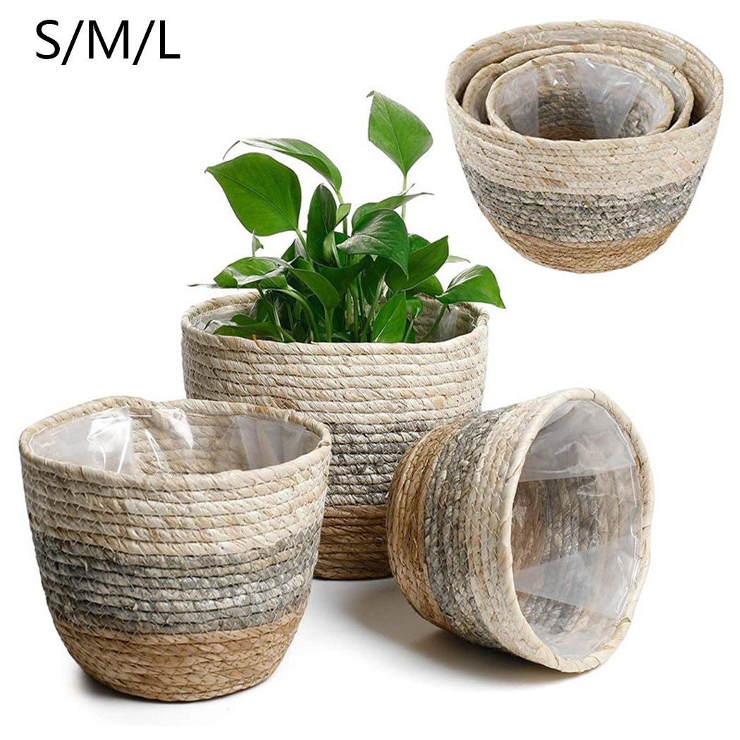 Taituoti Woven Storage Basket Flower Pot Seagrass Seagrass Rattan Plant ...