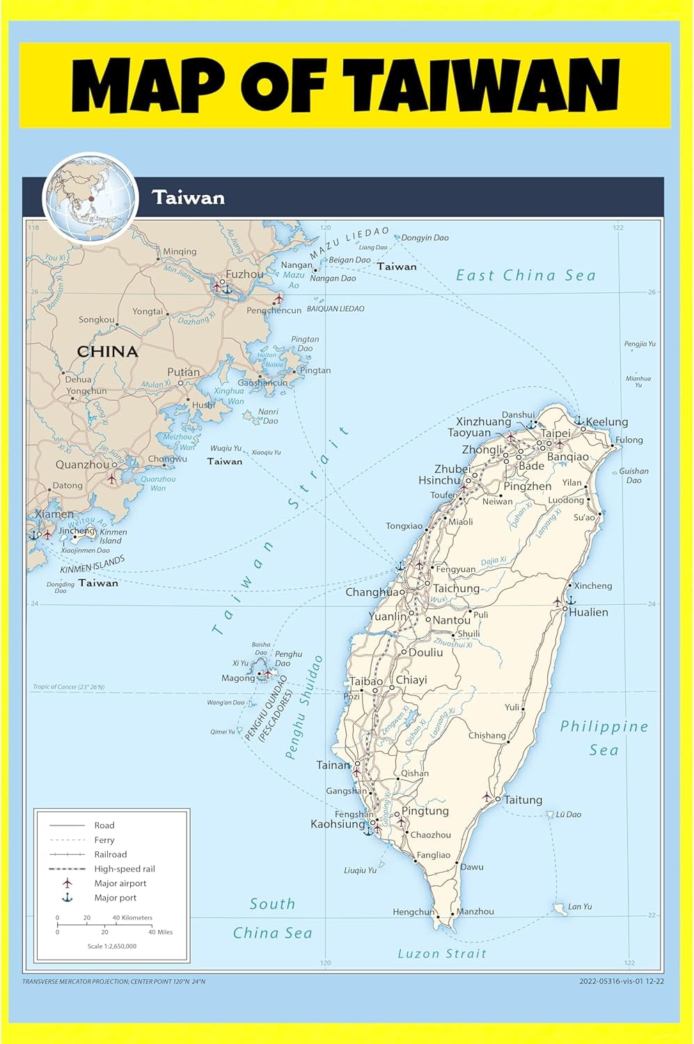 Taiwan Map Poster - Laminated Wall Map - Style A - 24x36 - Ideal for Classrooms and Homes ...
