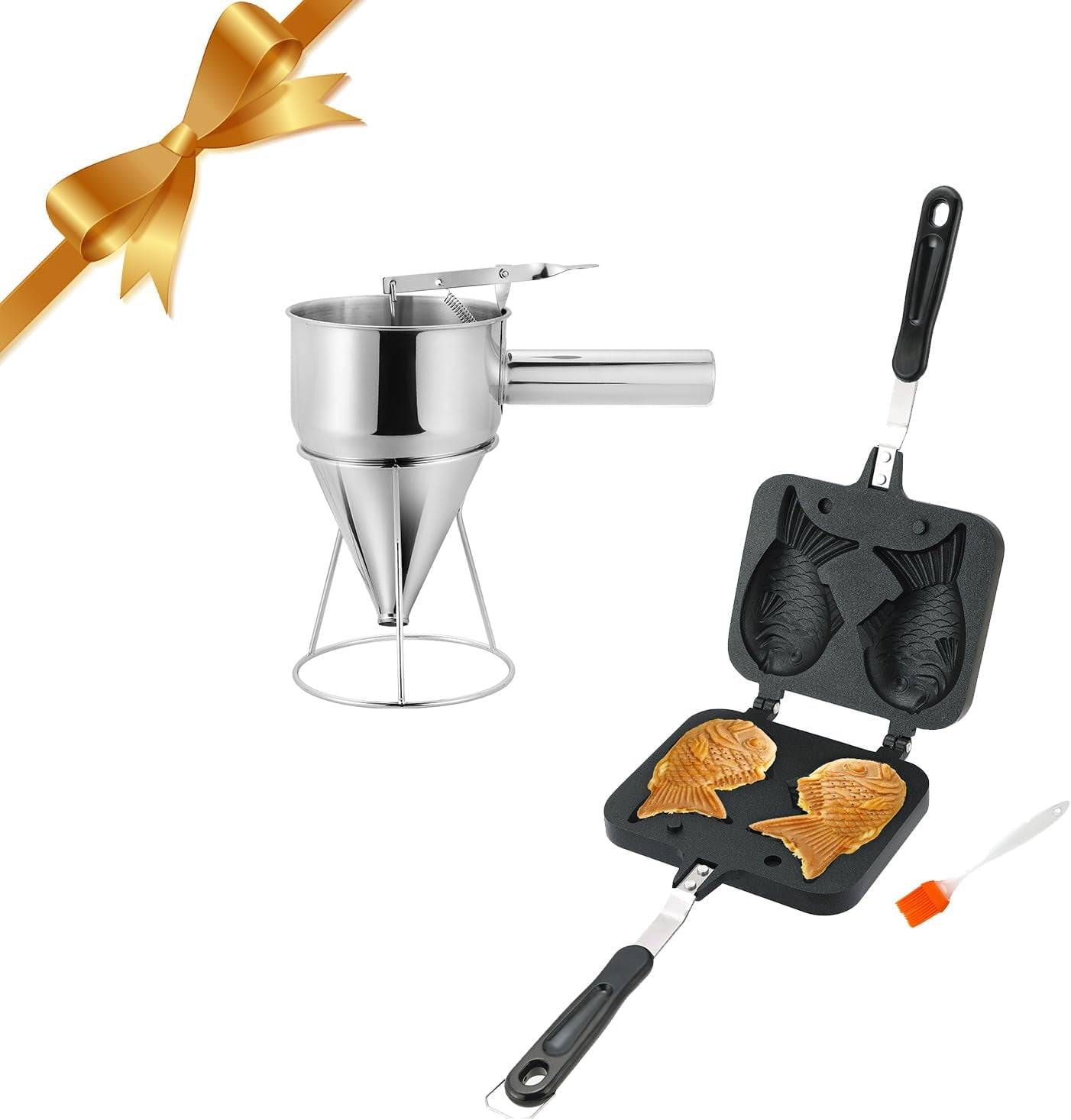 Taiyaki Fish Shaped Cake Pan & Stainless Steel Pancake Batter Dispenser ...