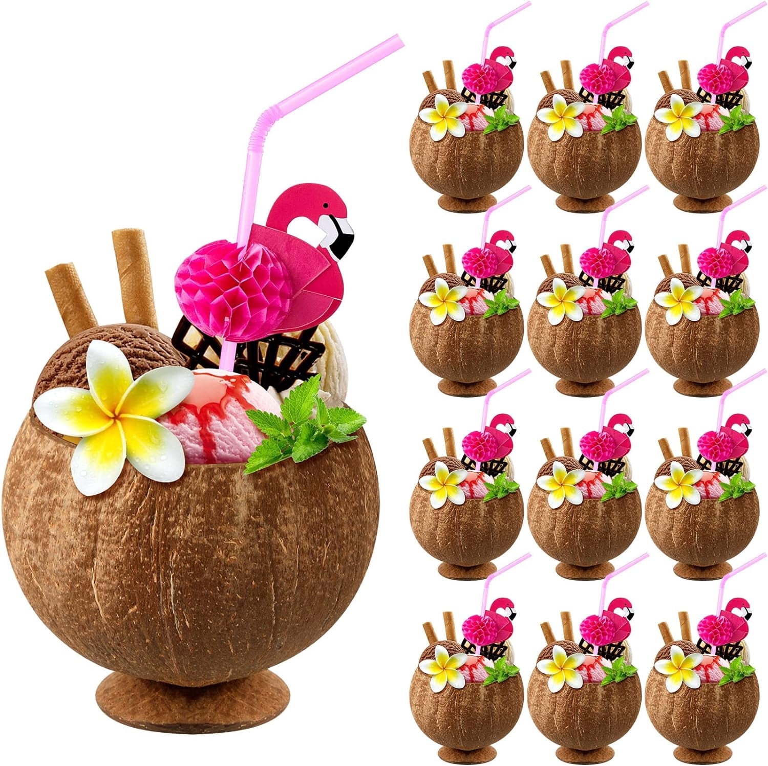 Taiyin Coconut Cups with Flamingo Straws Hawaiian Luau Party ...