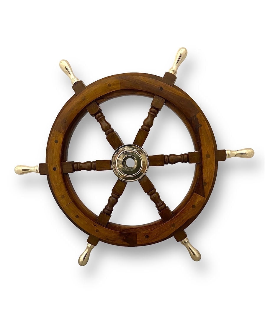 Tajdaar 24-Inch Wooden Ship Wheel with Brass Strip and Handles, Brown ...