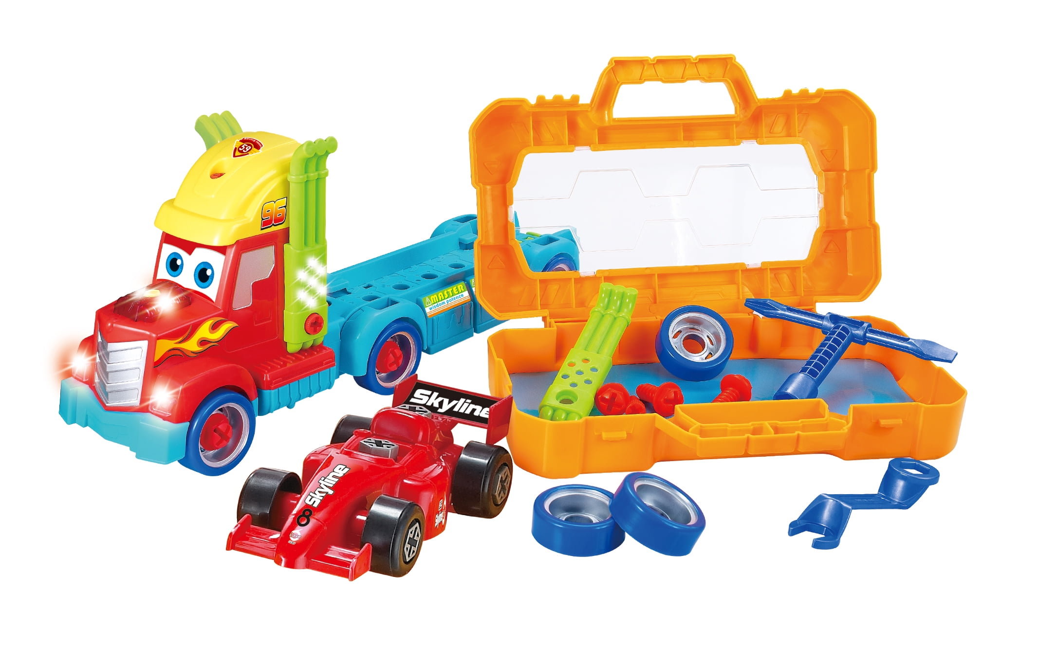 Take Apart 35 Piece Toy Set Truck Carrier Tool Box with Racing Car and ...