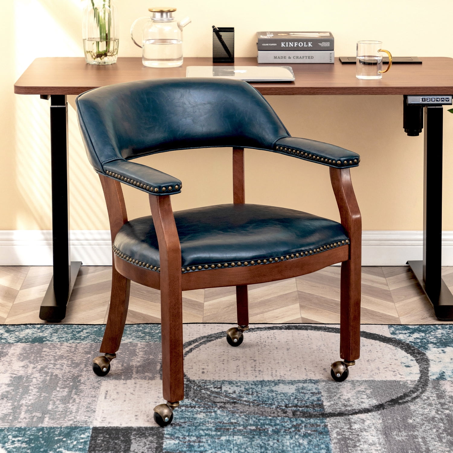Take a Seat Dillon Armchair with Wheels in Blue Vegan Leather Fabric ...