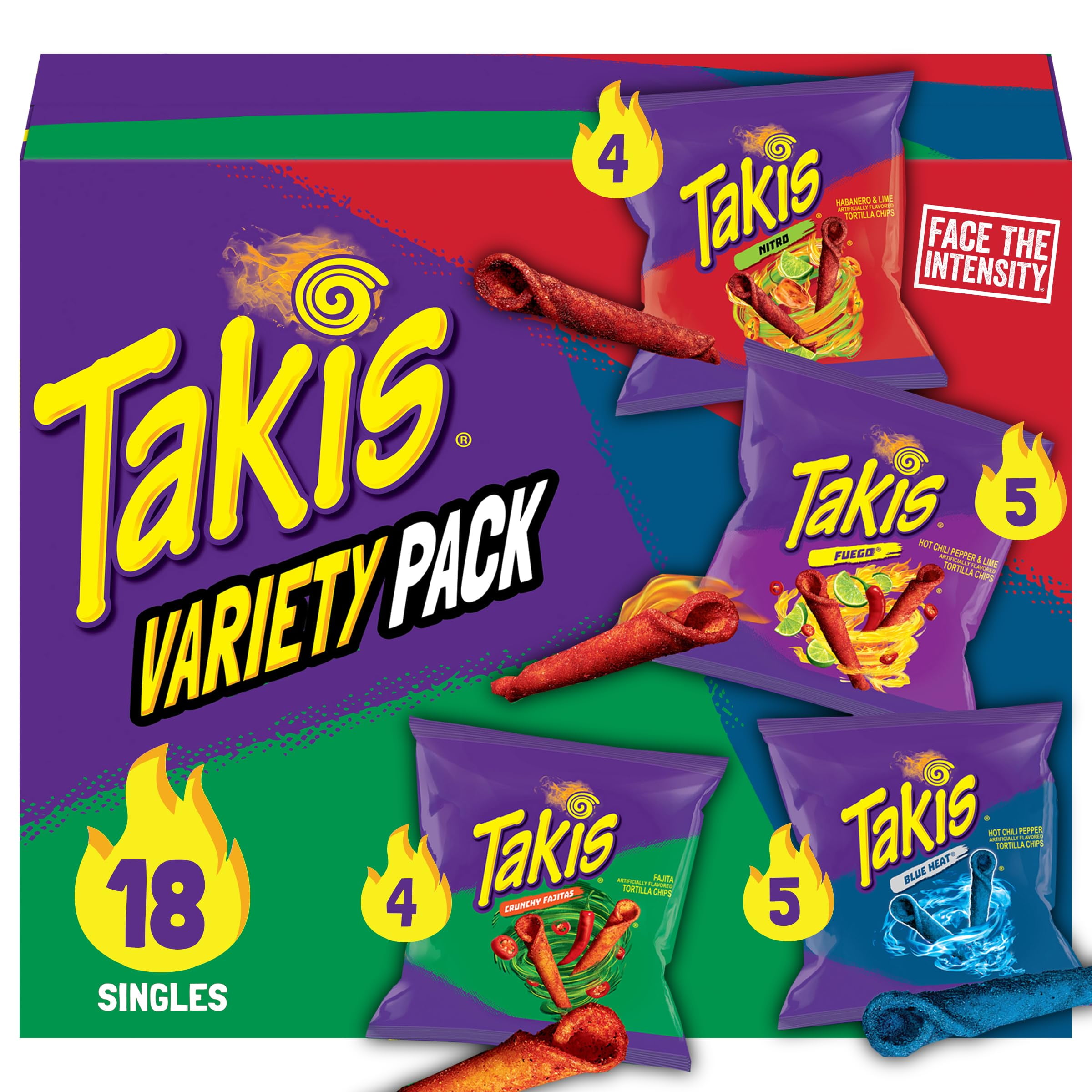 Takis 18 pc TWE5 / 1 oz Variety Pack, Assorted Flavored Mixed Rolled ...