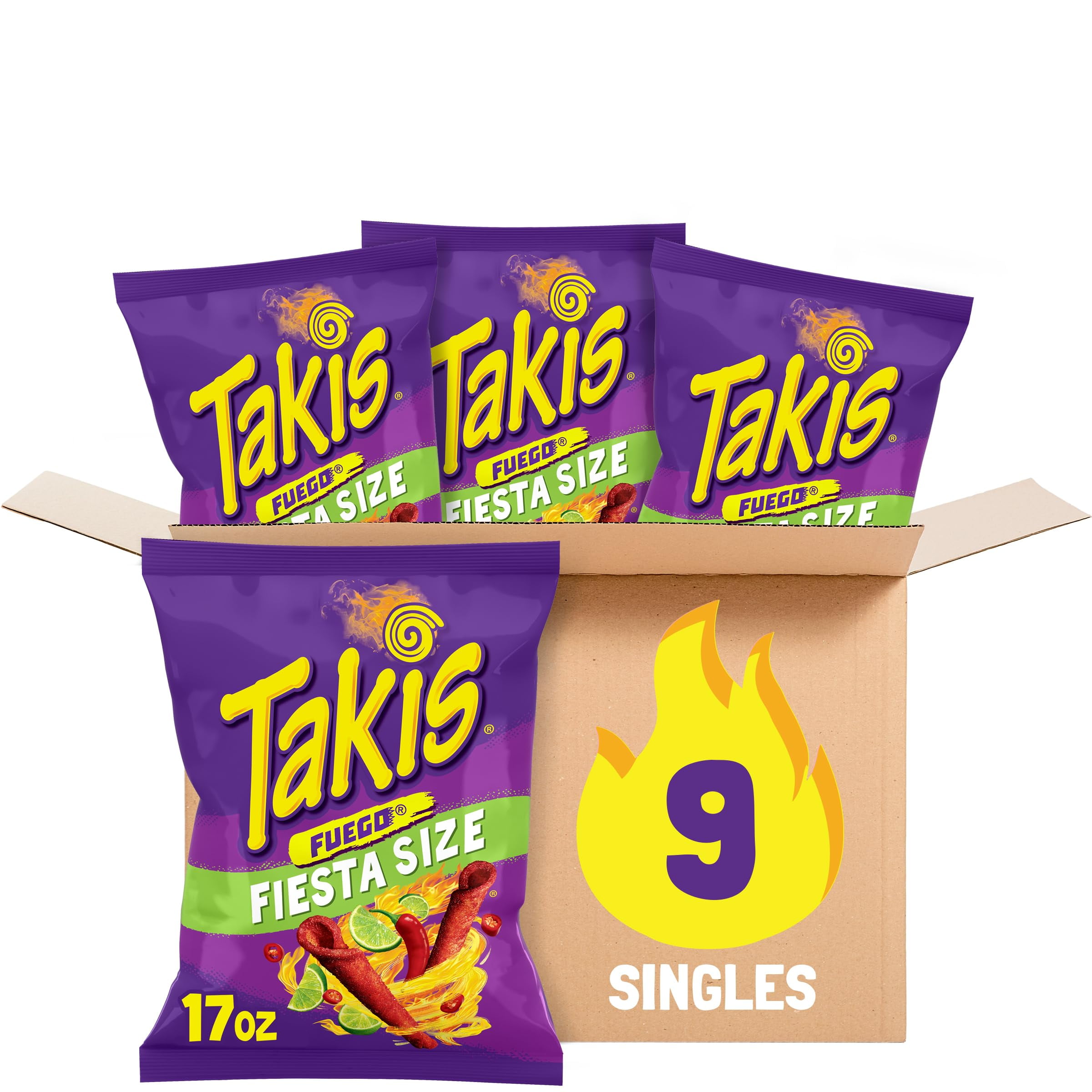 Takis Fuego 9 ct, SBF3 17 oz Fiesta Size Case, Hot Chili Pepper & Lime ...