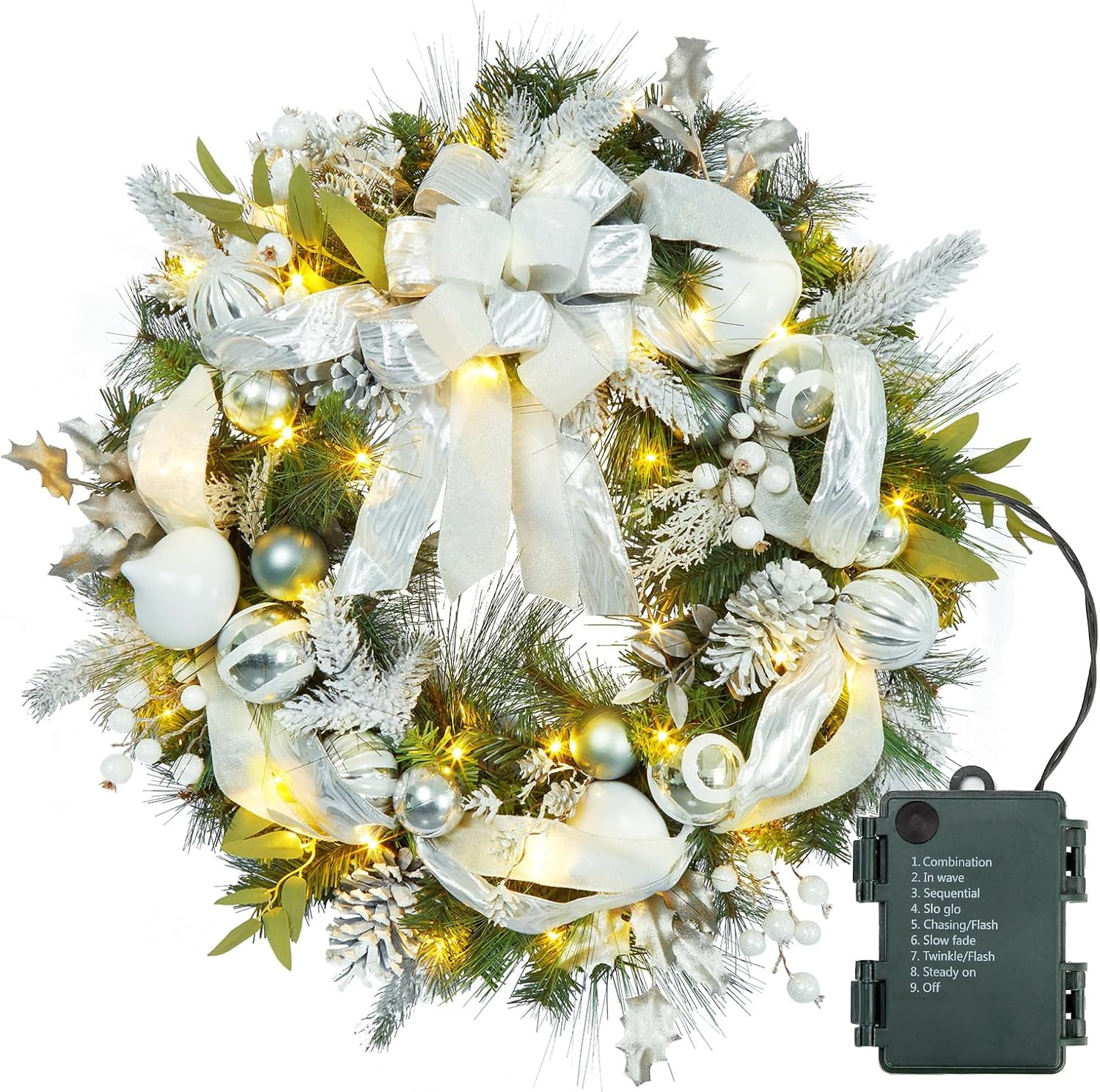 Takywep, 30 Inch, Silver, Wreaths, Prelit Christmas Wreath, 40 Warm ...
