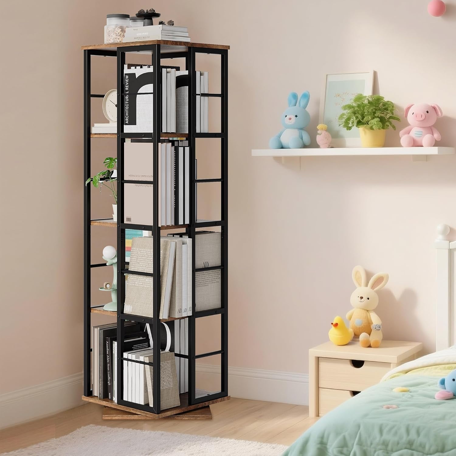 Takywep, Brown, 4 Shelf Bookcase, 360 Degree Rotating Bookcase, Square ...