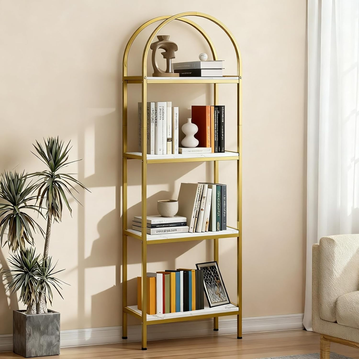 Takywep, Gold + Marble White, 4 Shelf Bookcase, Modern Arched Metal ...
