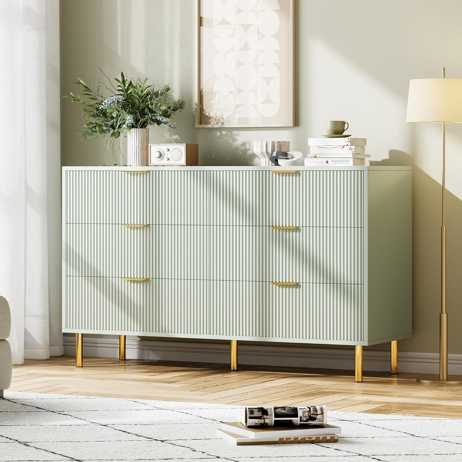 Takywep Green, 6 Drawers, Dressers, Modern Chest with Gold Base, Fluted ...