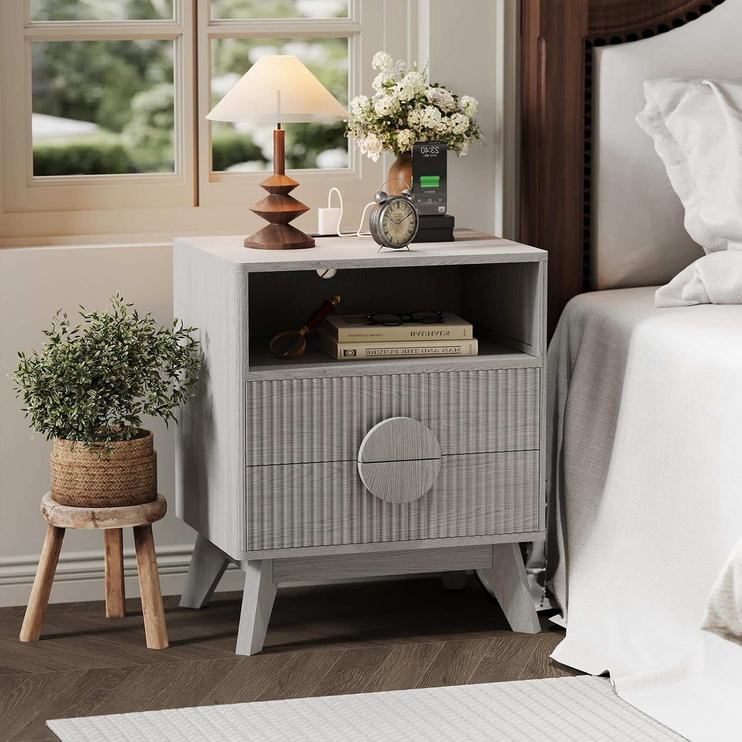 Takywep, Oak, 2 Drawer, Nightstands, Set of 2 Modern Bedside Tables ...