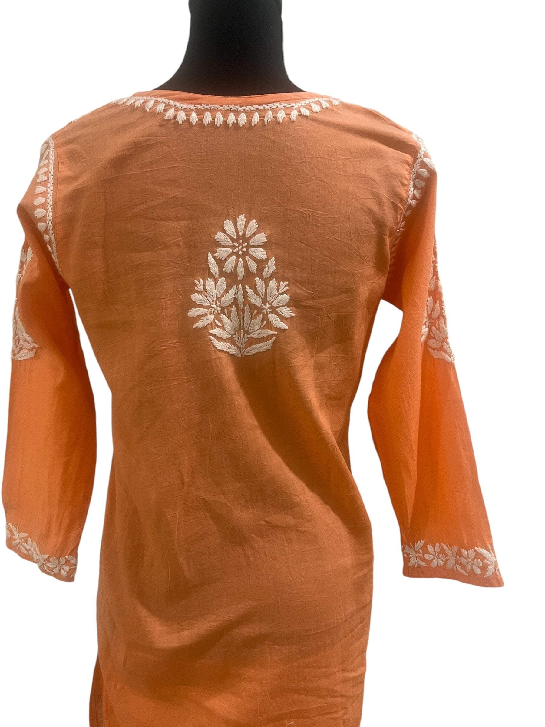 Talahi Indian Hand Embroidered Chikankari Peach Long Cotton Kurti ...