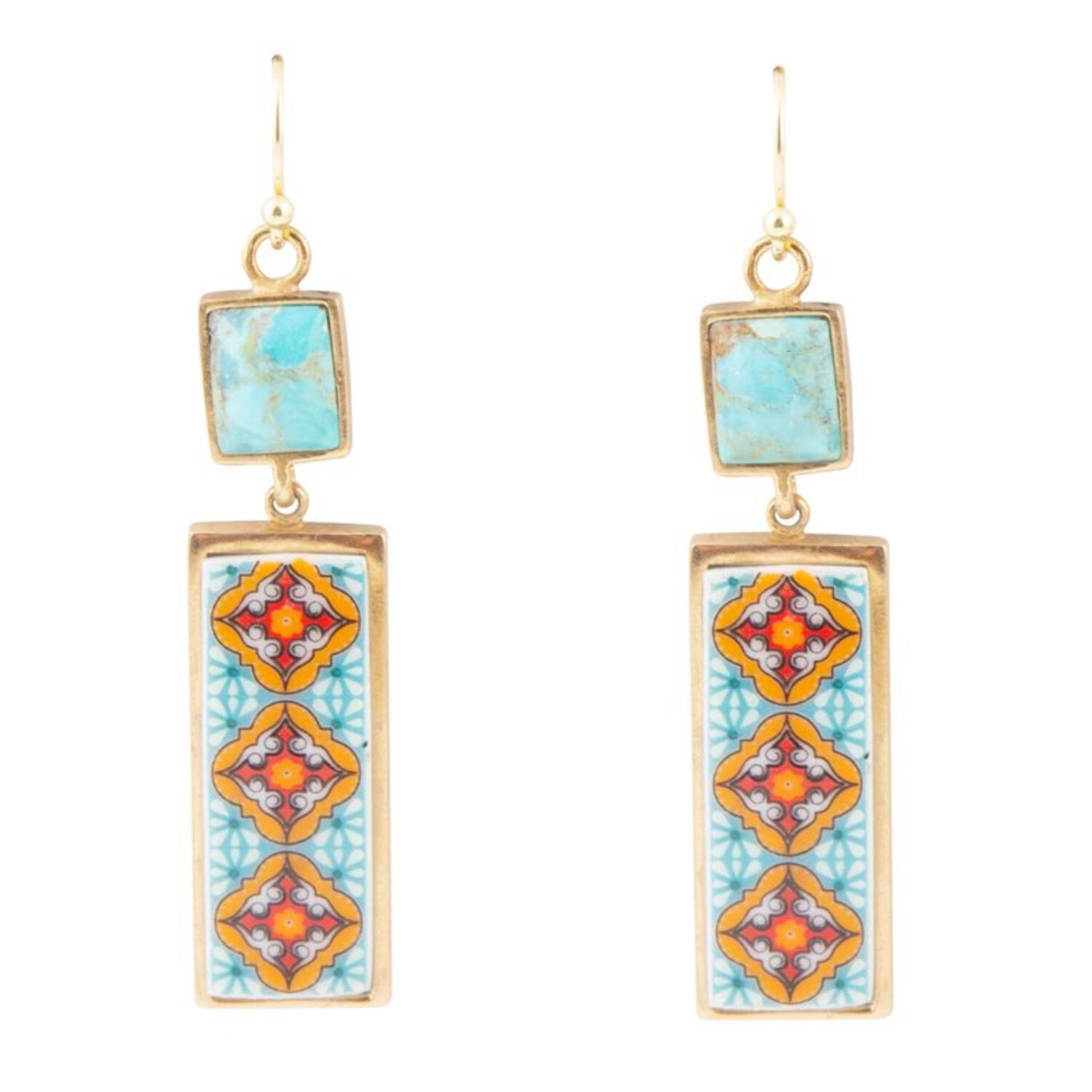 Talavera Tile and Blue Turquoise Golden Dangle Earrings - Walmart.com