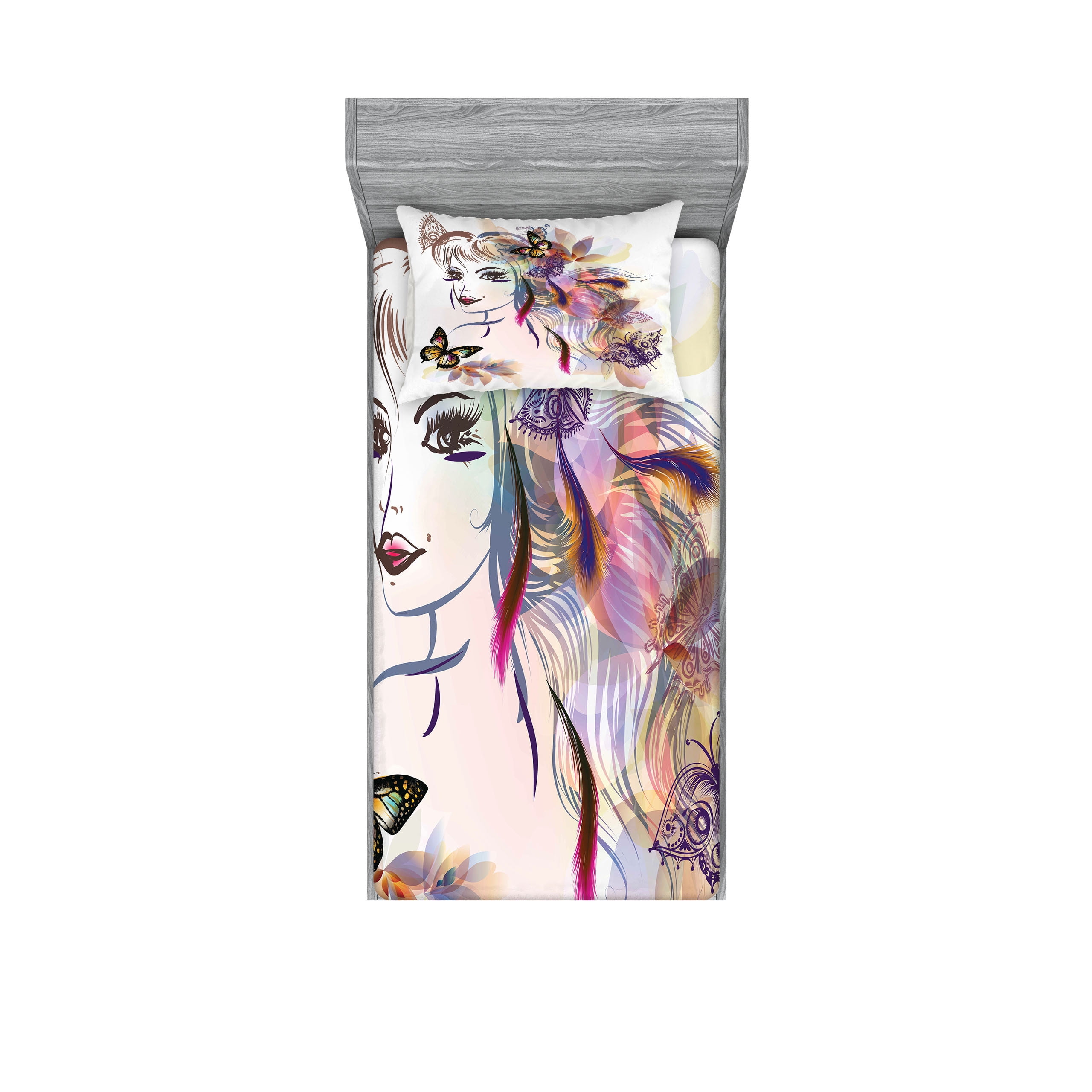 Tale Fitted Sheet & Pillow Sham Set, Girl Drawing Design with ...