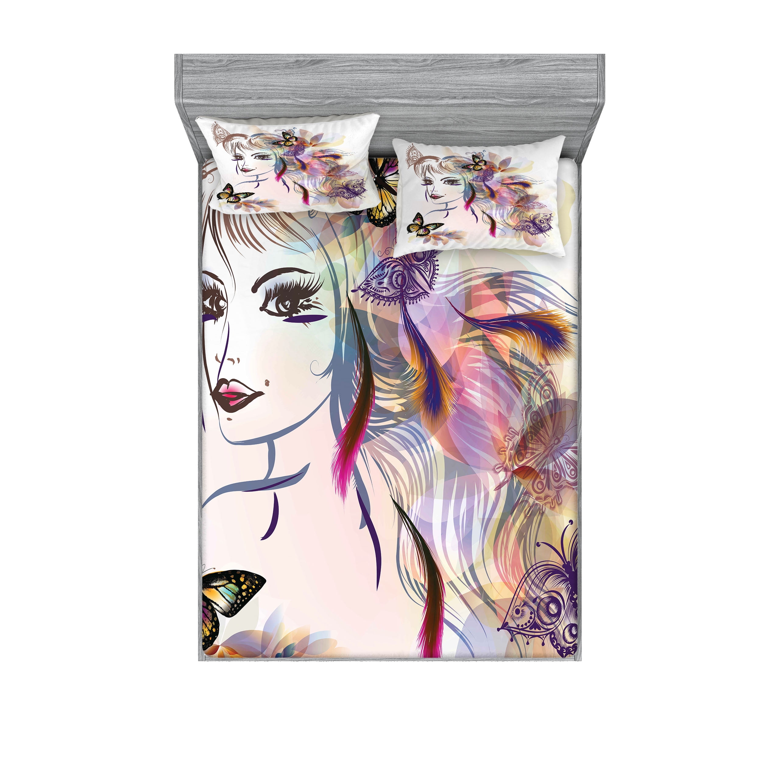 Tale Fitted Sheet & Pillow Sham Set, Girl Drawing Design with ...