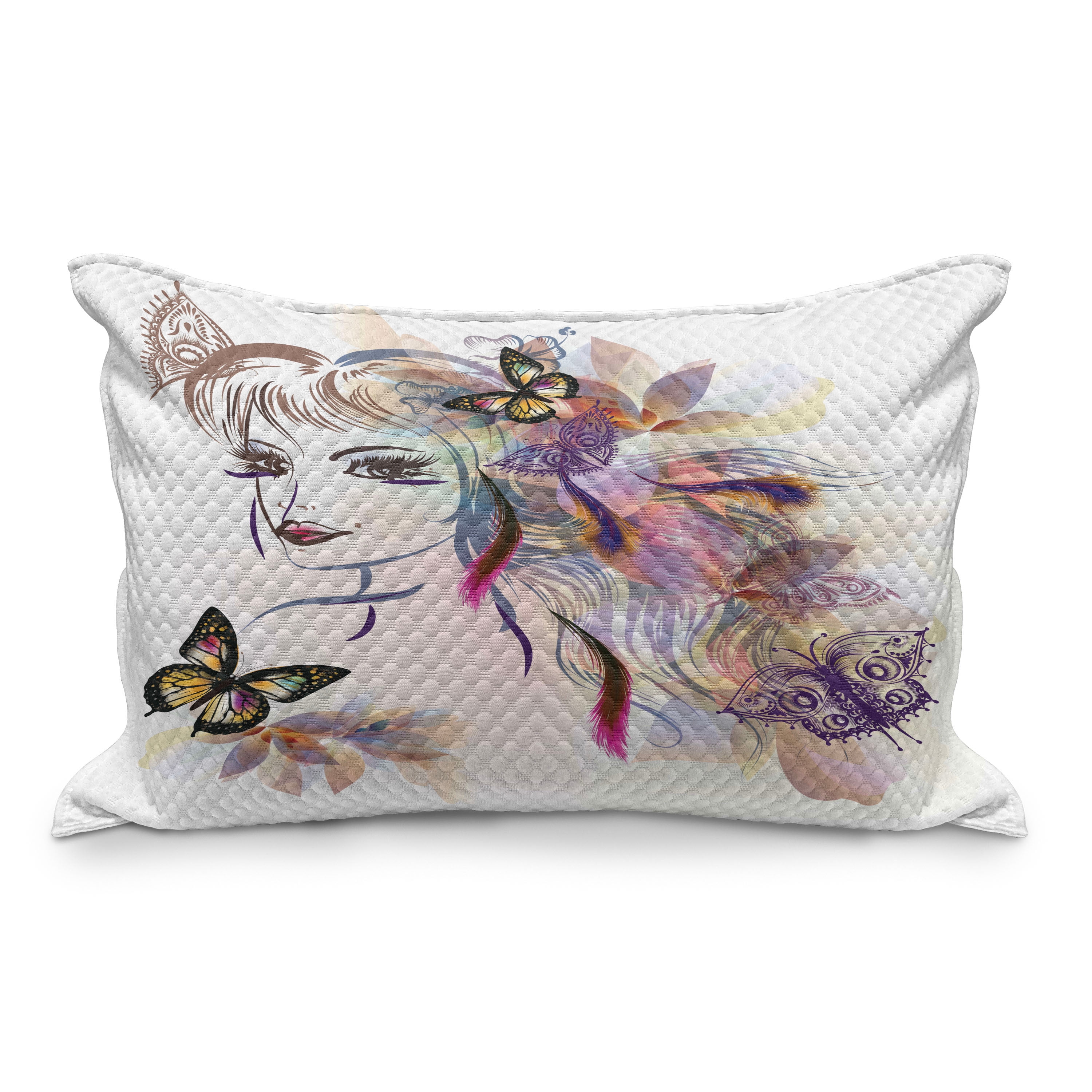 Tale Quilted Pillowcover, Girl Drawing Design with Butterflies Nature ...