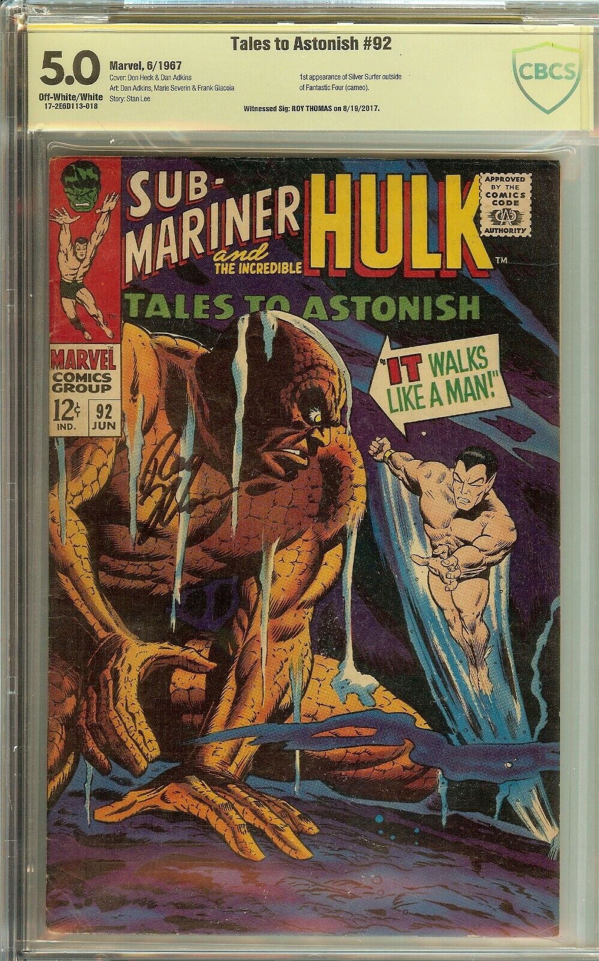 Tales to Astonish #92 CBCS 5.0 Signed Roy Thomas Hulk Sub-Mariner ...