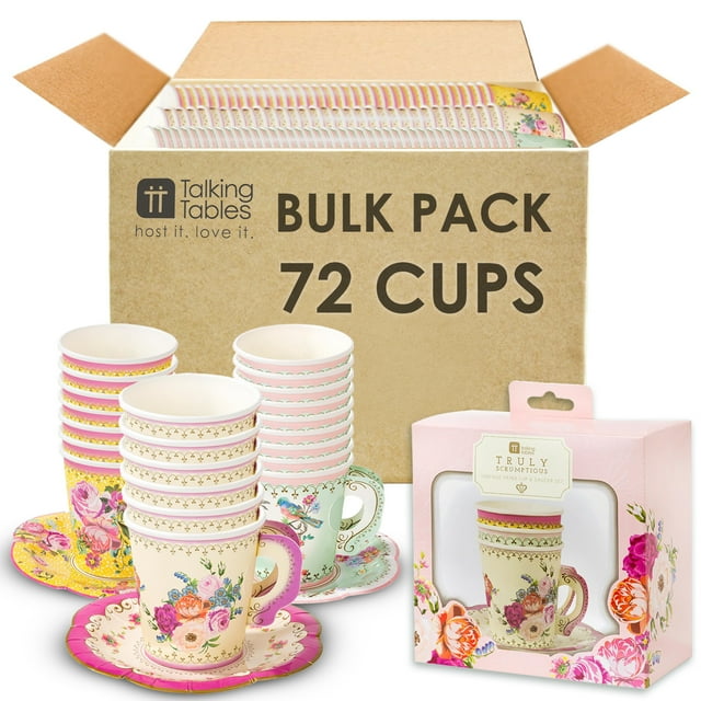 Talking Tables 72 x Disposable Floral Tea Cups and Saucer Set, Truly ...