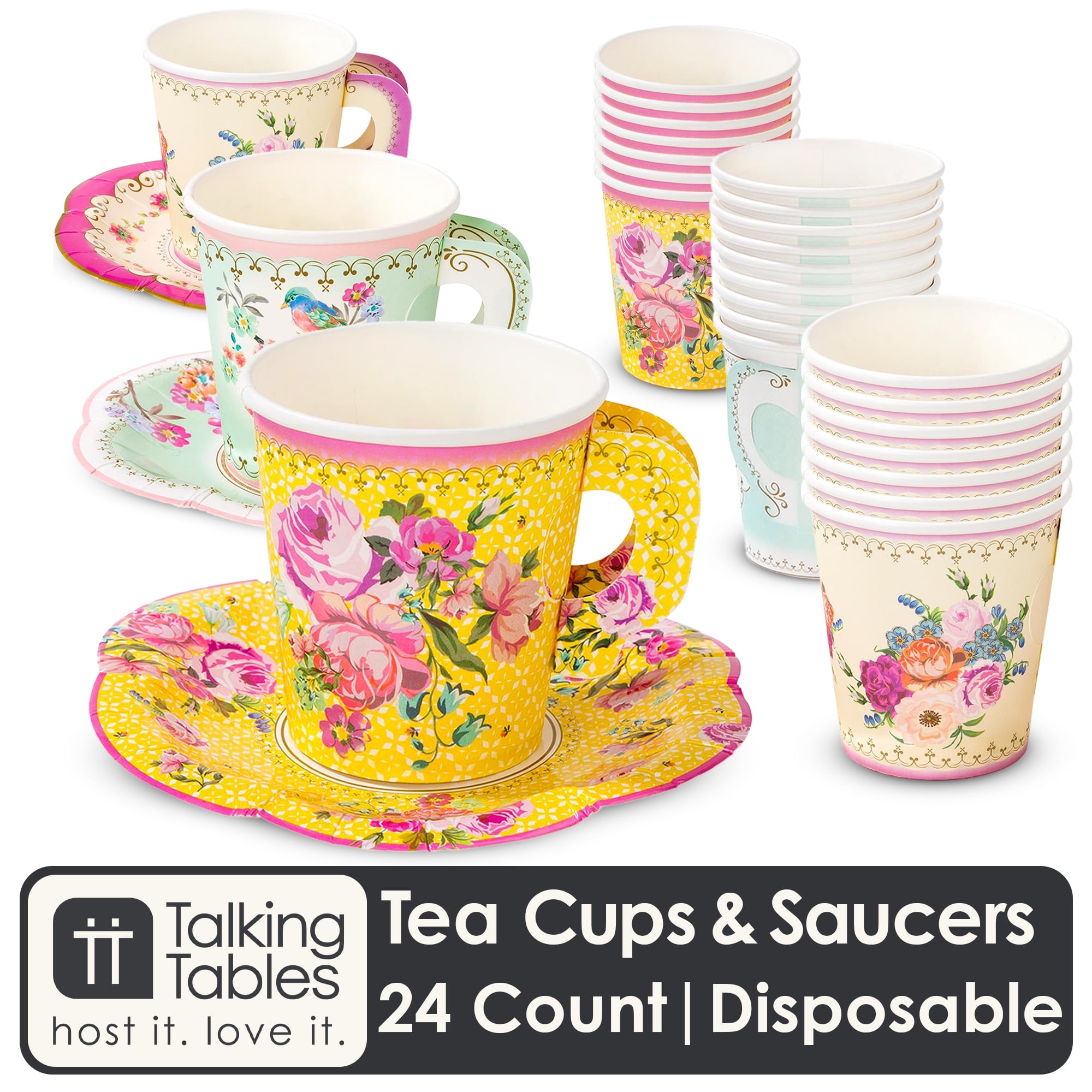 Talking Tables 24 x Vintage Paper Floral Disposable Tea Cups & Saucer ...