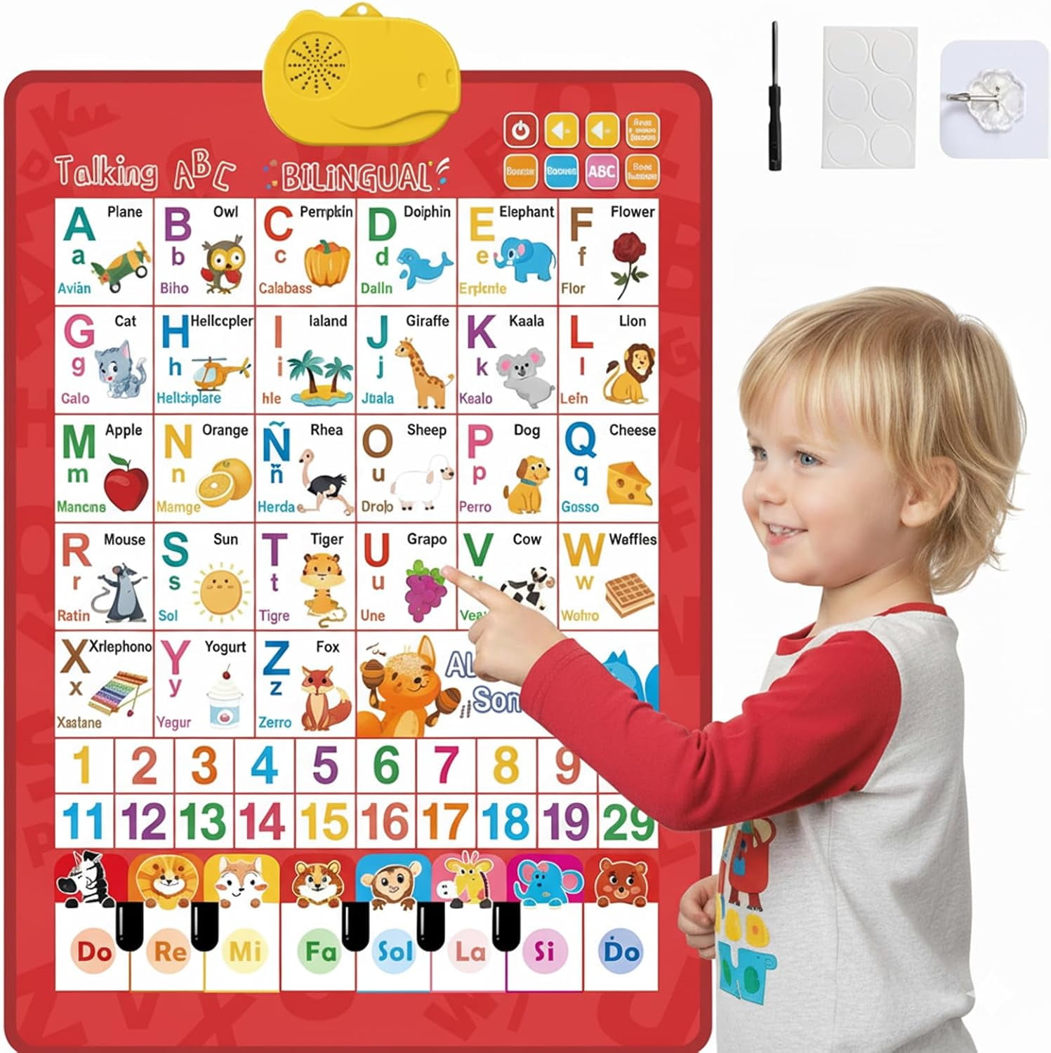 Talking Wall Chart for Kids - English Spanish Learning Poster Red ...