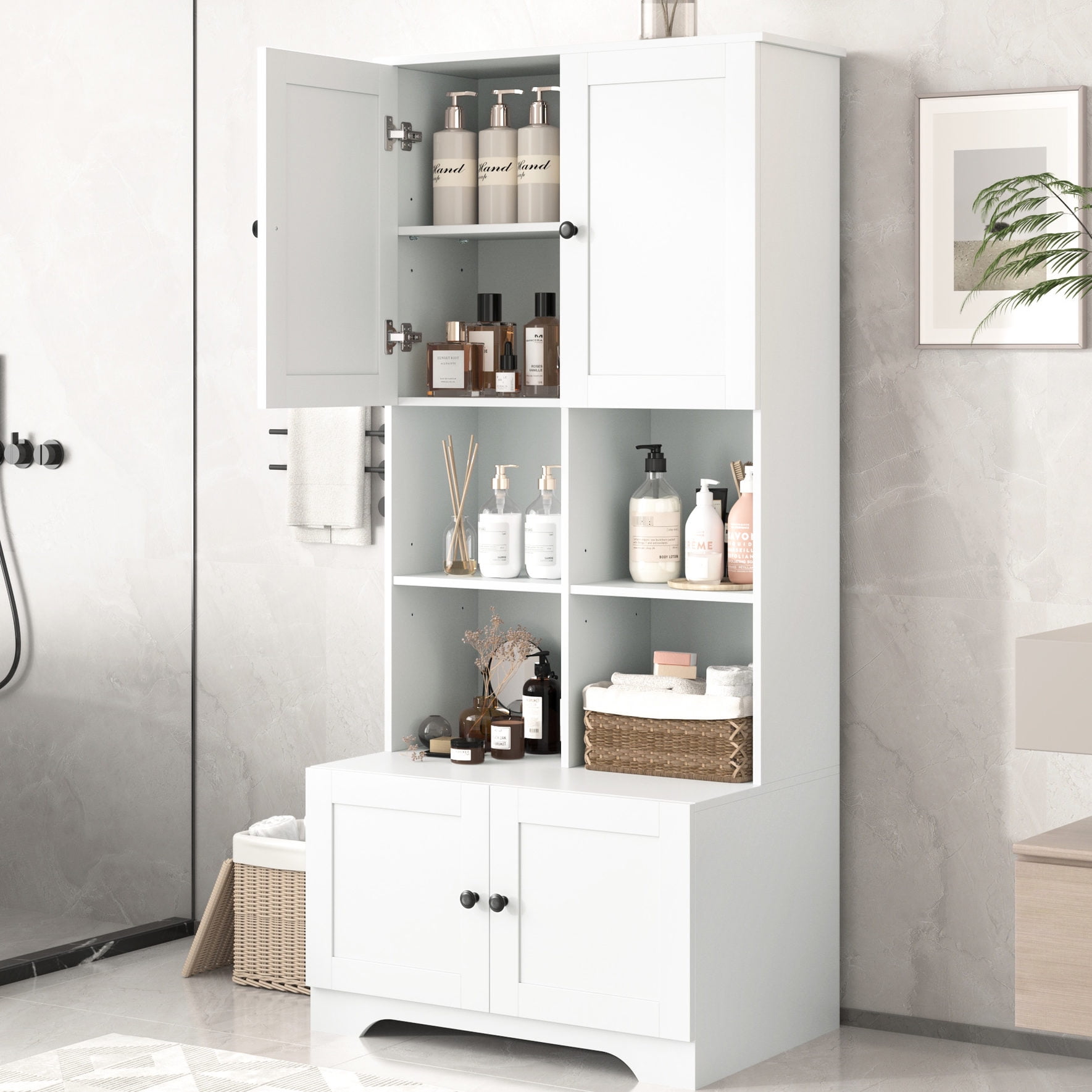 Tall 4-Door Storage Cabinet with Open Shelves / Meets Different Storage ...