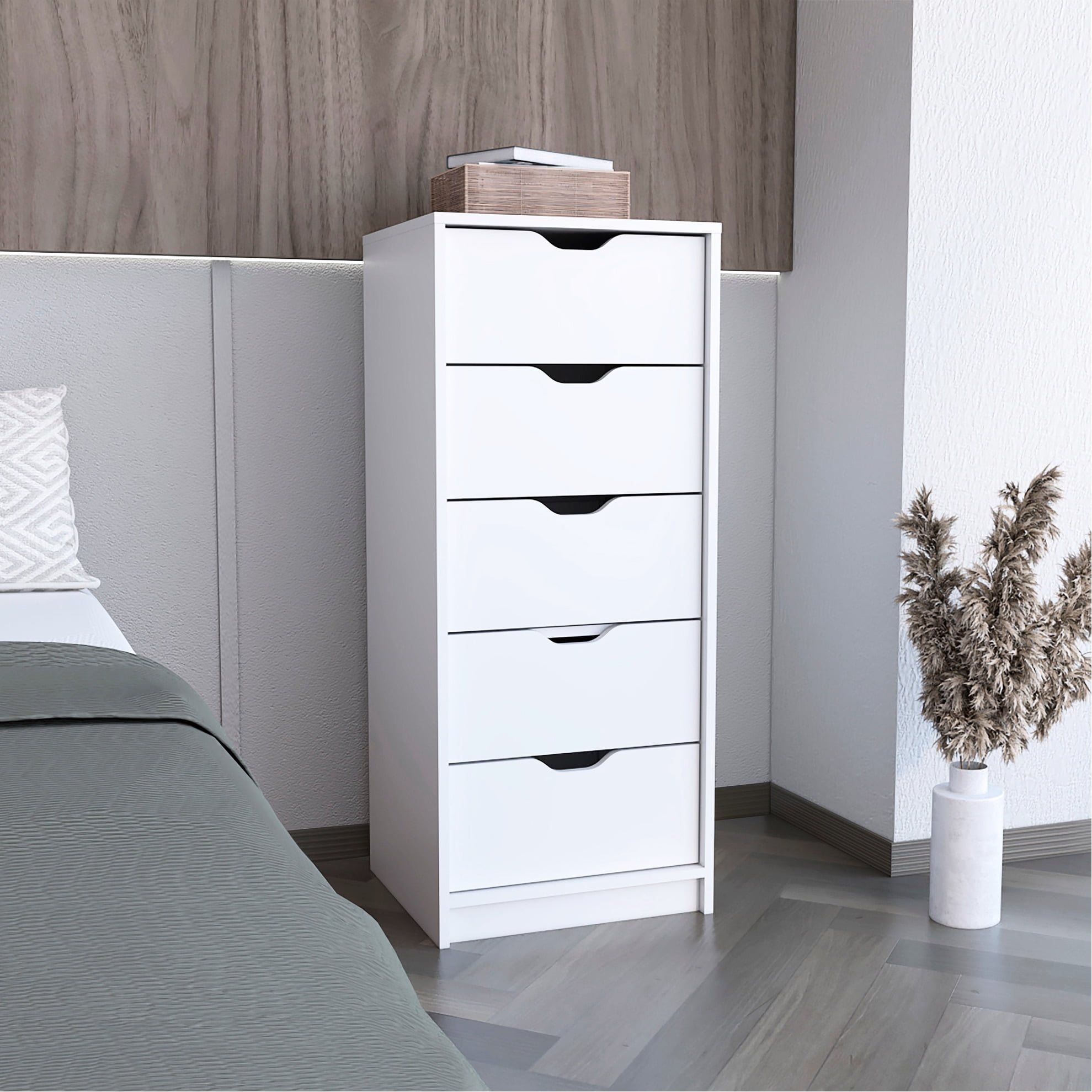 Tall 5 Drawers Dresser, White Finish, Pull Out Design, Bedroom Storage ...