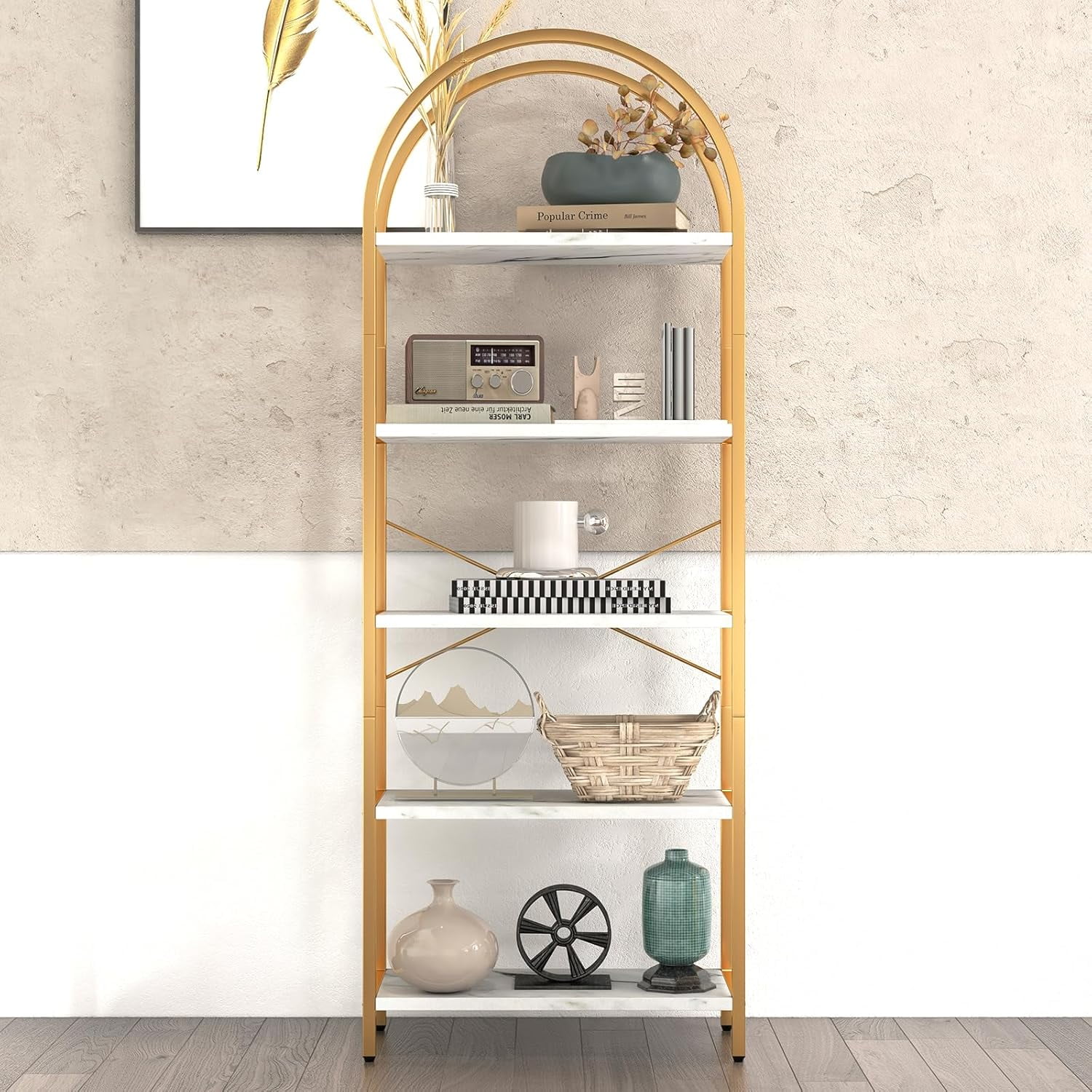 Tall 5-Tier Bookshelf, Arched Bookcase with Metal Frame, Modern Rustic ...