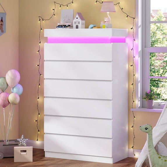 Tall 6-Drawer Modern Dresser with Light, White Chest of Drawers for ...