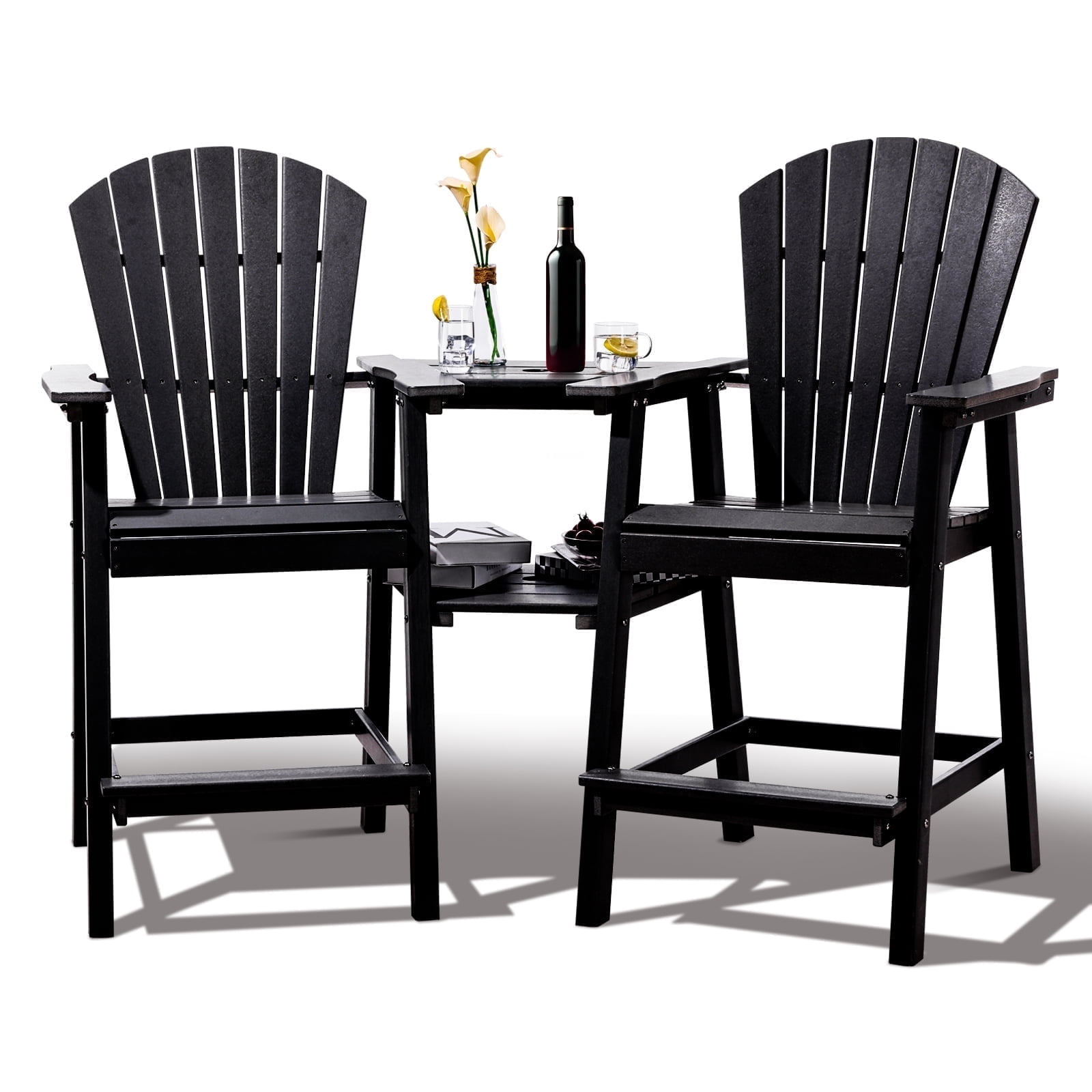 FOOWIN Tall Adirondack Bar Chairs Set of 2, Black, Weatherproof HDPE ...