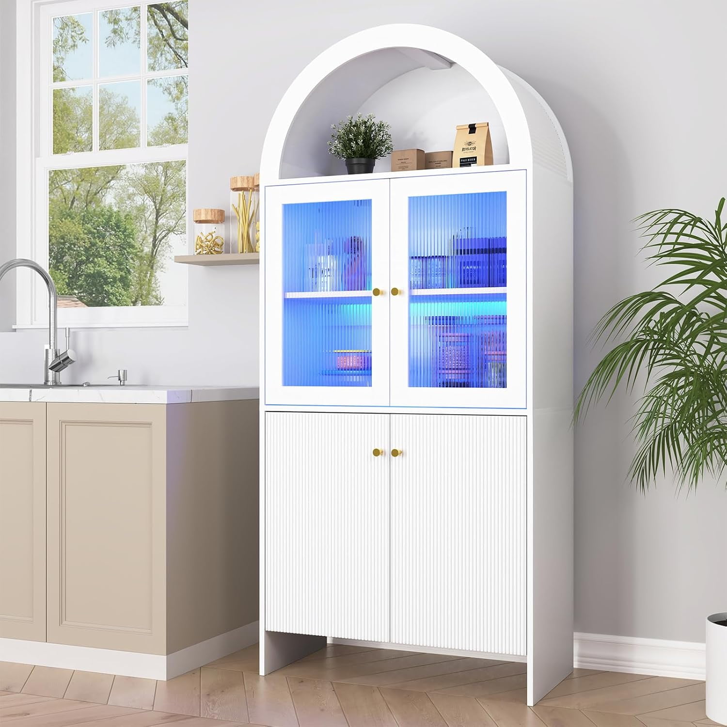 Tall Arched Kitchen Pantry Cabinet, 69'' Fluted Storage Cabinet with ...