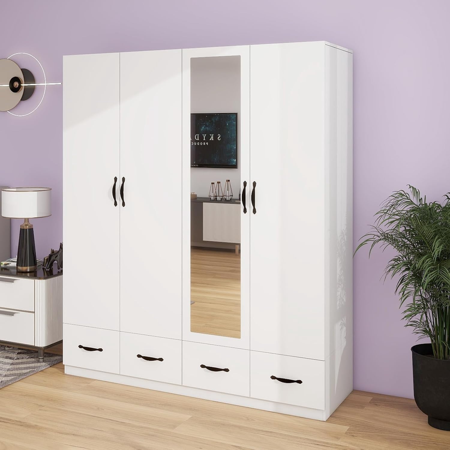 Tall Armoire Wardrobe Closet & Cabinet with Mirror - 4 Door Wooden ...