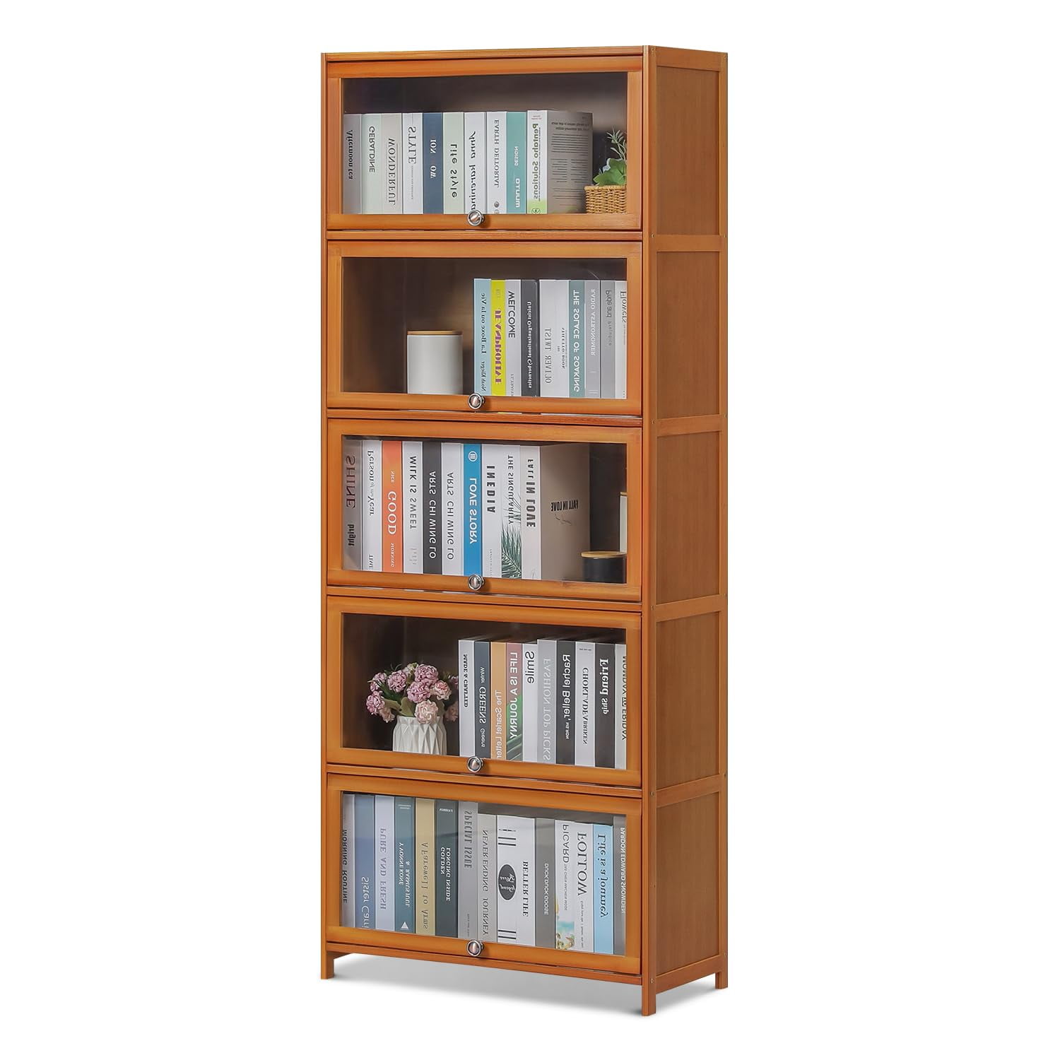 Tall Bamboo Bookcase with Clear Acrylic Flip-Up Doors, 5-Tier Storage ...