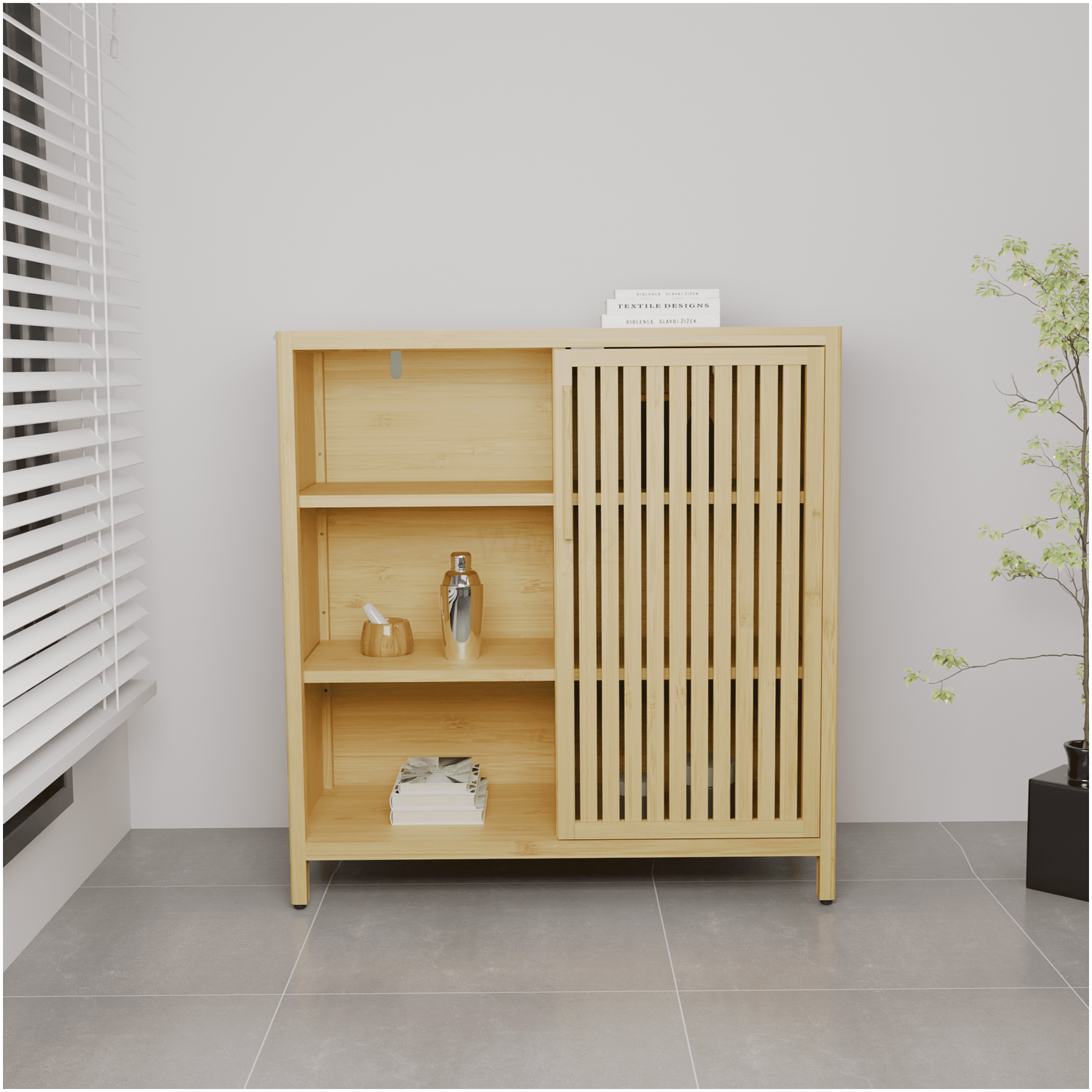 Tall Bamboo Storage Cabinet with Door, Freestanding Organizer Shelf for ...