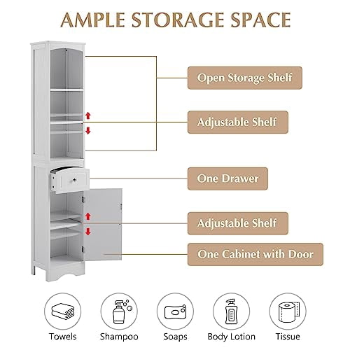 Tall Bathroom Cabinet with 5 Shelves and Drawer, Slim Storage Tower ...