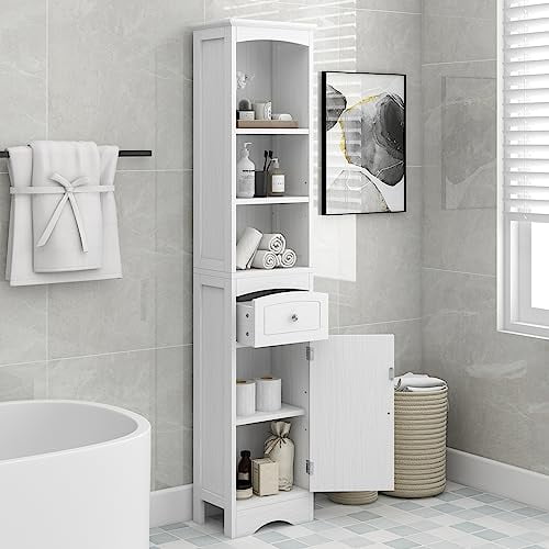 Tall Bathroom Cabinet with 5 Shelves and Drawer, Slim Storage Tower ...