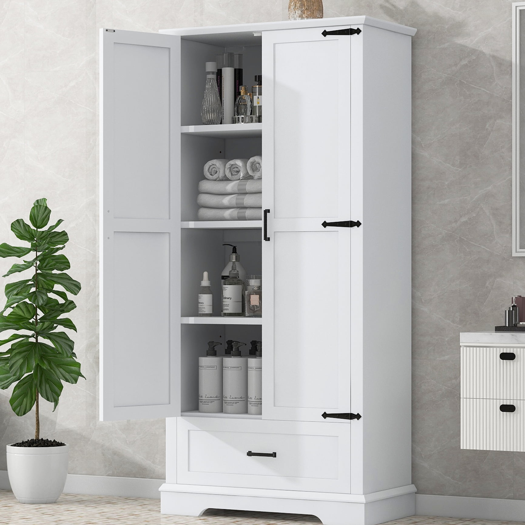 Tall Bathroom Cabinet with Adjustable Shelf | Store Shampoo, Towels and ...