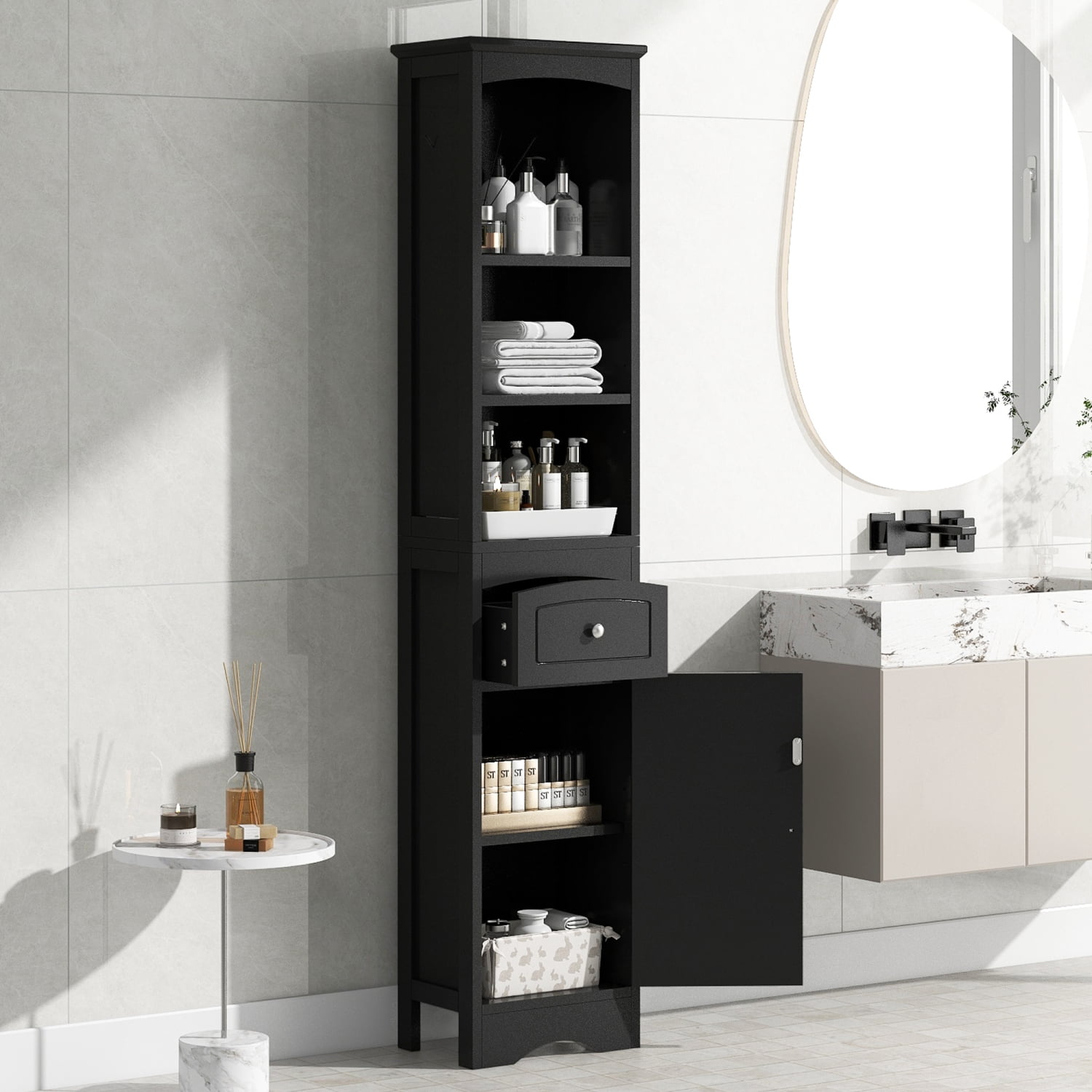 Tall Bathroom Cabinet Freestanding Storage Cabinet with Drawer MDF ...