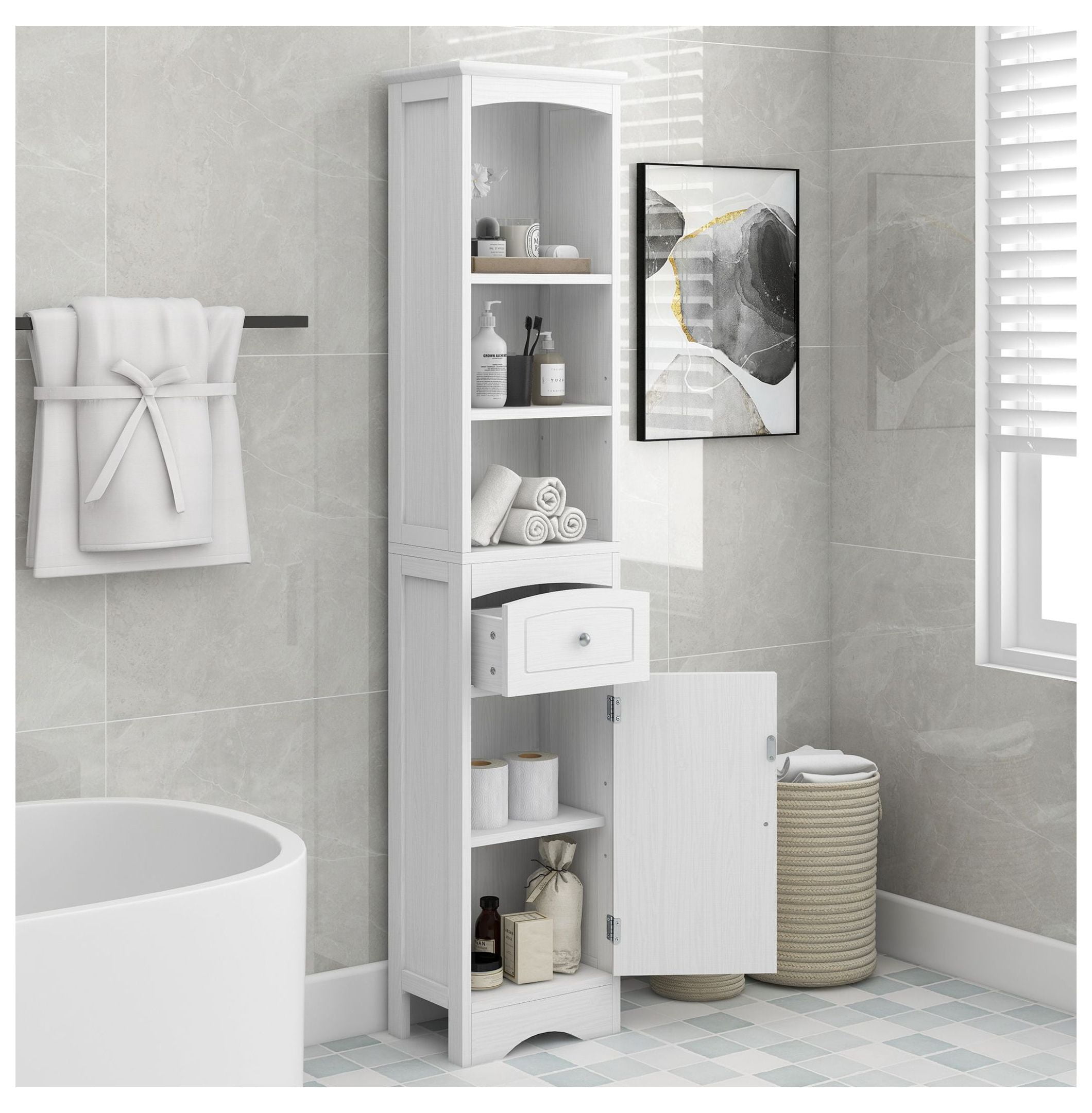 Tall Bathroom Cabinet; Freestanding Storage Cabinet with Drawer; MDF ...