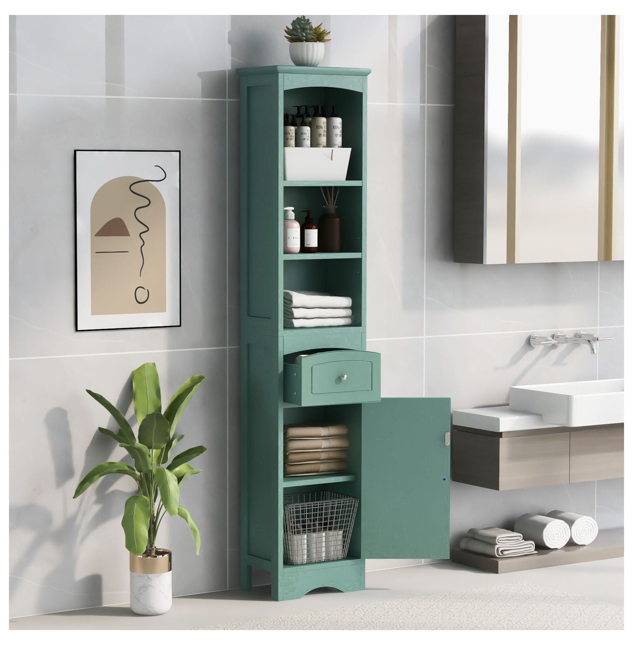 Tall Bathroom Cabinet; Freestanding Storage Cabinet with Drawer; MDF ...
