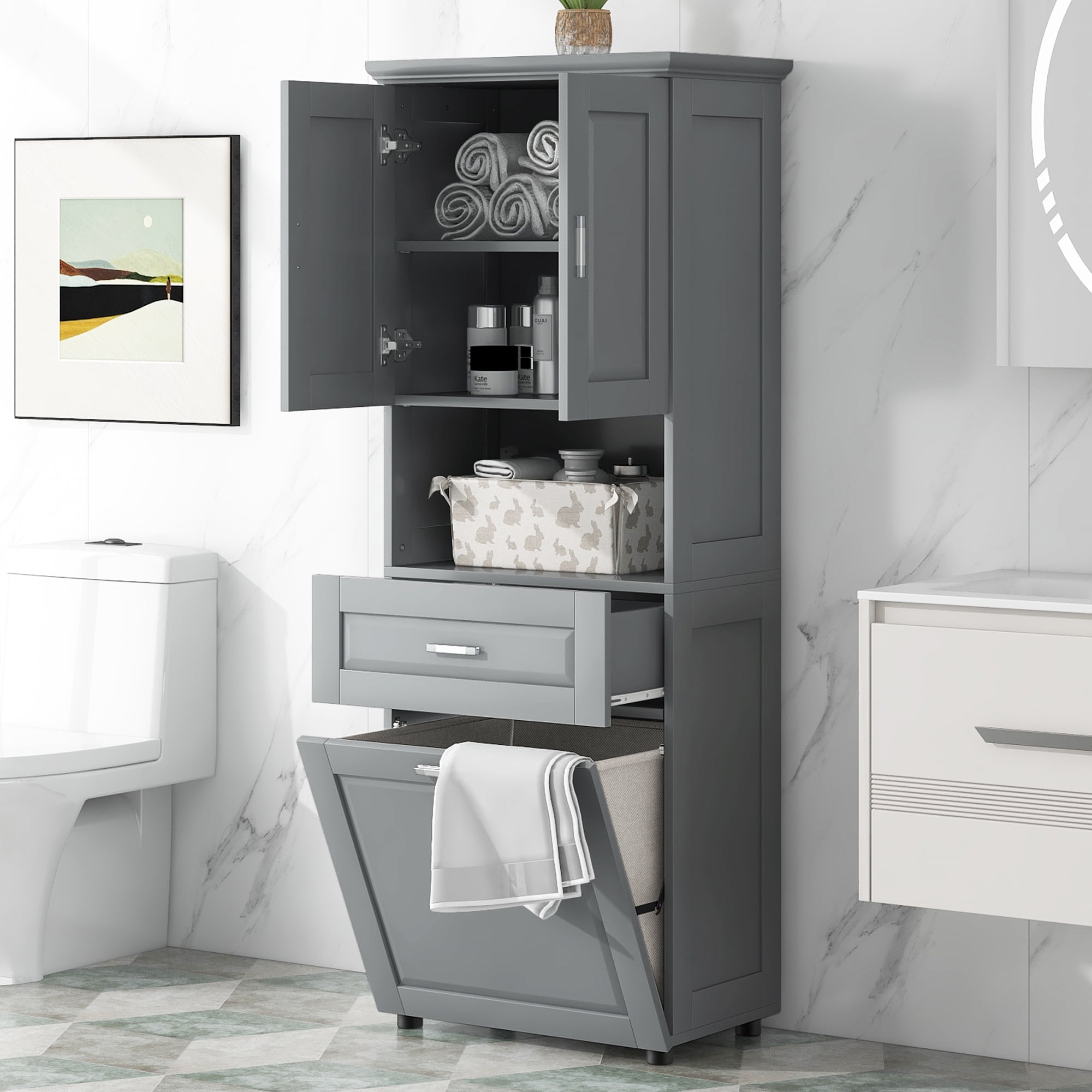 Tall Bathroom Cabinet with Laundry Basket,Large Storage Space Tilt-Out ...