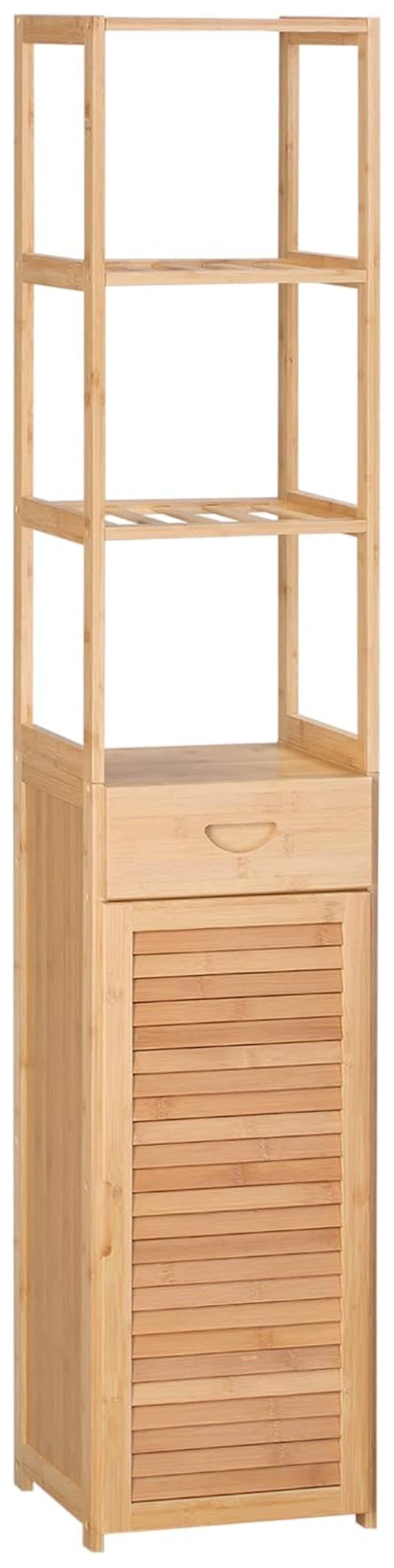 Tall Bathroom Cabinet with Drawer and Slatted Shelves, Slim Bamboo ...