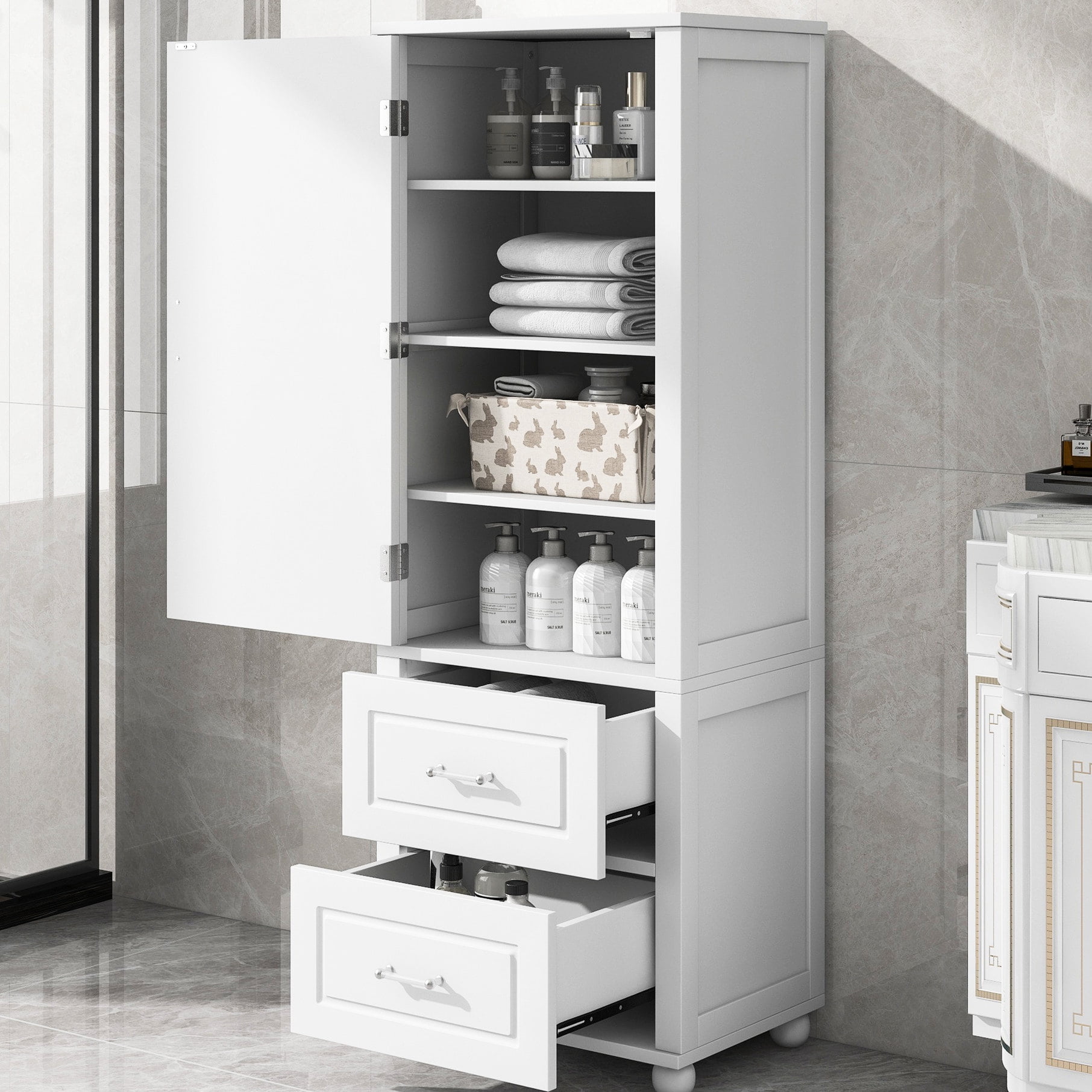 Tall Bathroom Cabinet with Drawers | Store Body Lotion, Baskets etc ...